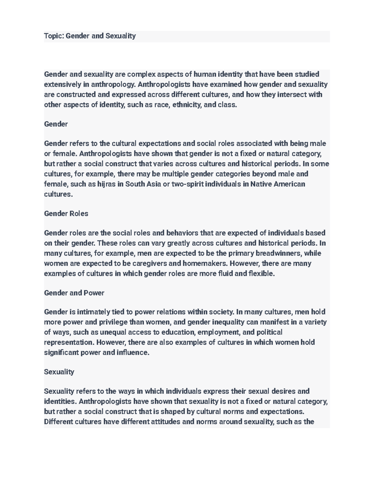 Topic Gender and Sexuality - Topic: Gender and Sexuality Gender and ...