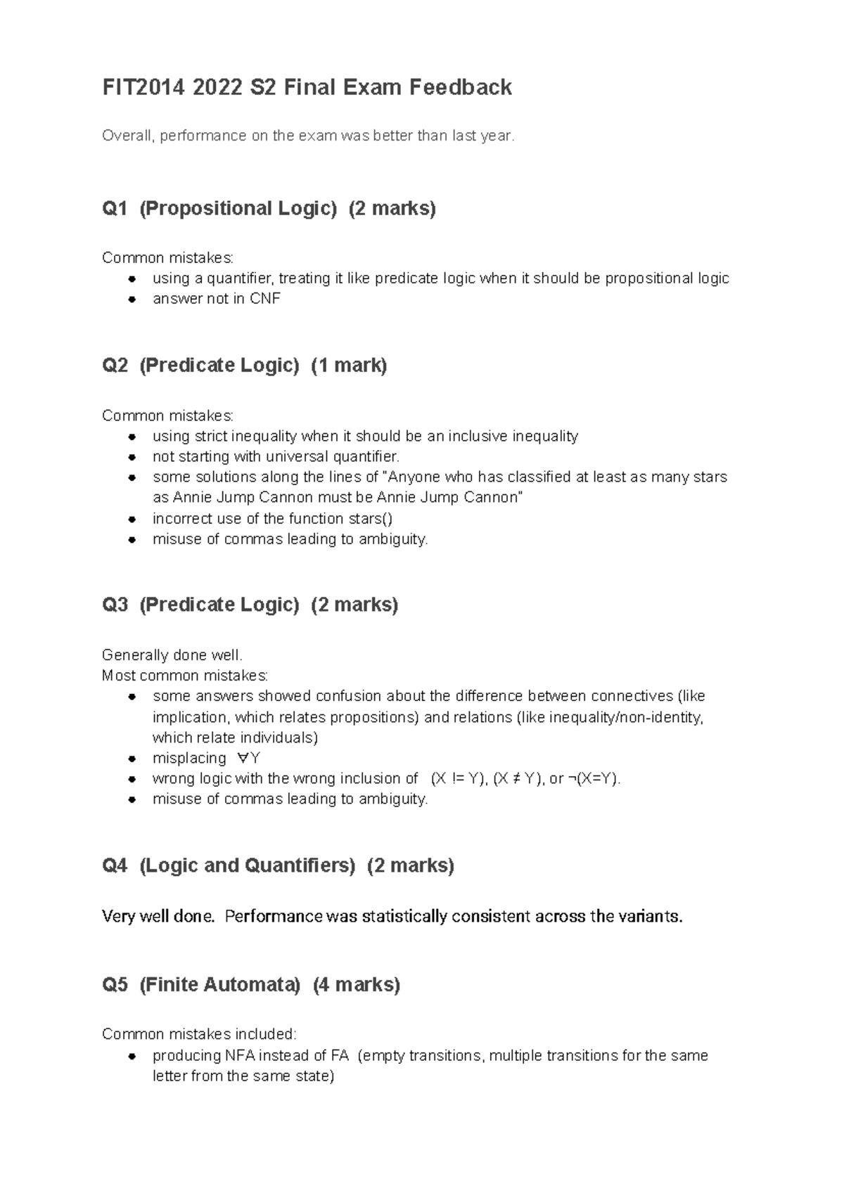 FIT2014 2022 exam feedback - FIT2014 2022 S2 Final Exam Feedback ...