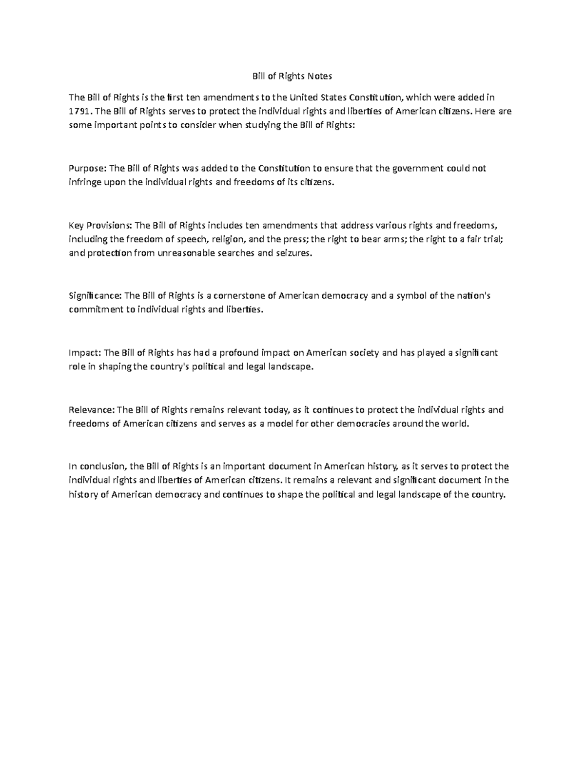 Bill of Rights Notes - The Bill of Rights is the first ten amendments ...