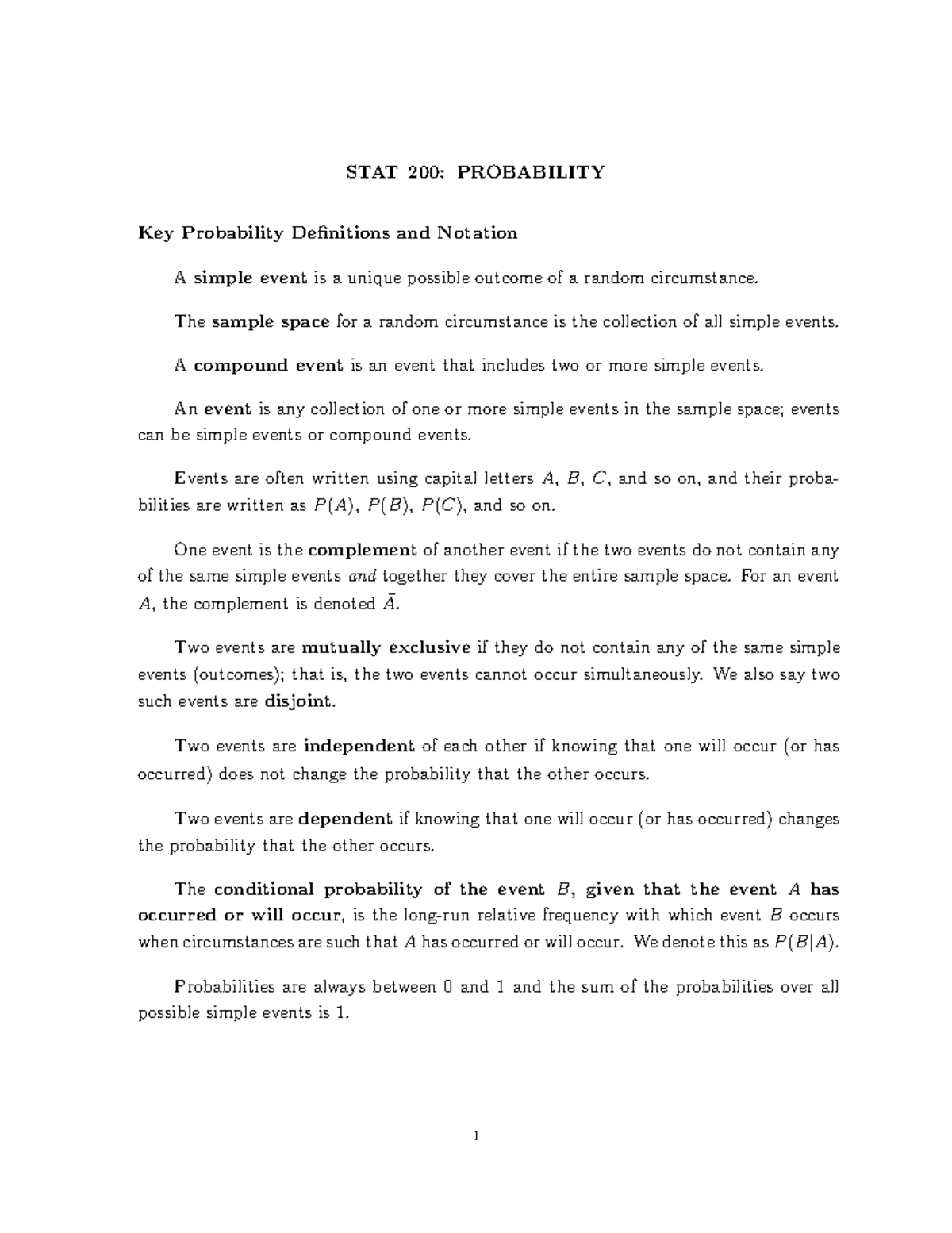 Probability Handout b8ca561137 e356b56171 c7e3225c7cb7 - STAT 200: PROBABILITY Key Probability ...