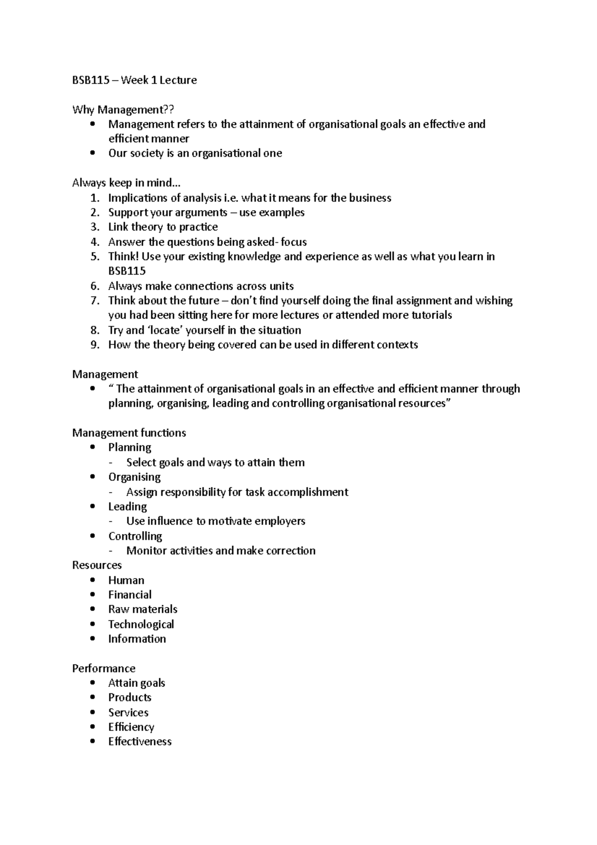 Week 1 - Lecture notes 1 - BSB115 – Week 1 Lecture Why Management ...