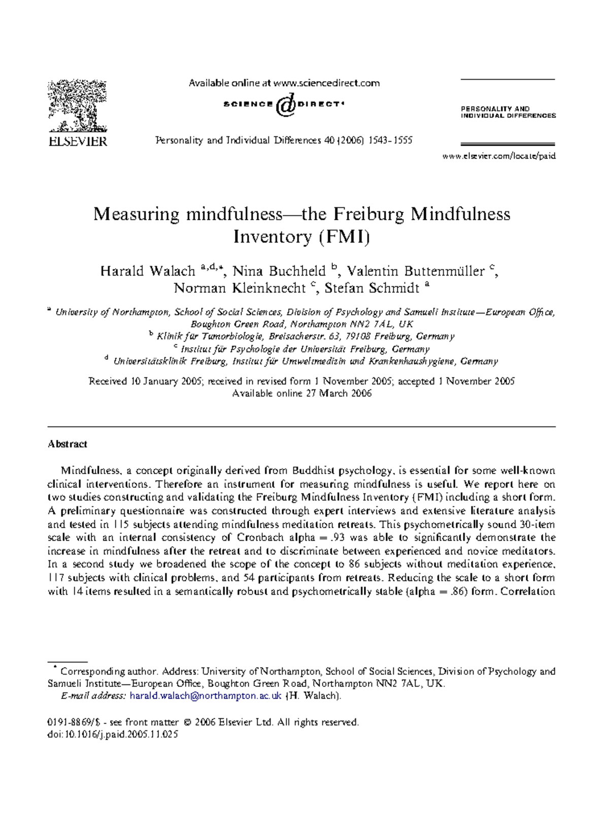 Measuring mindfulness—the Freiburg Mindfulness Inventory - Measuring ...
