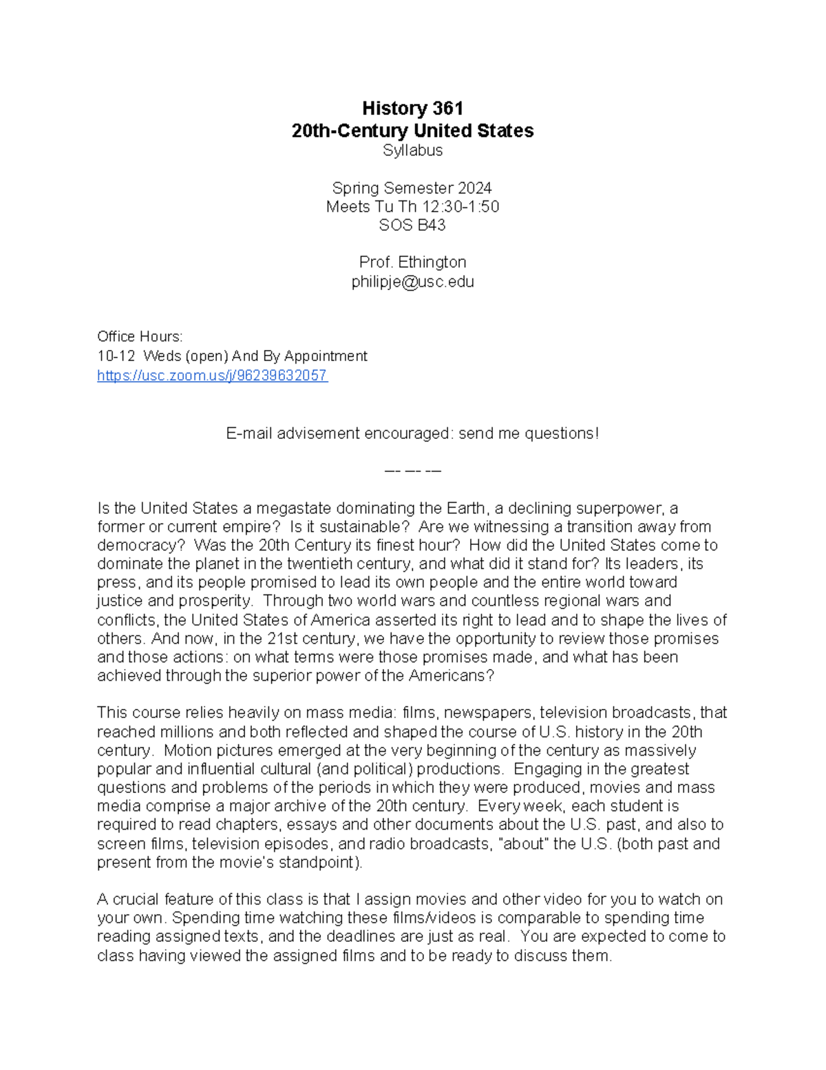 History 361 Syllabus Spr 2024 - History 361 20th-Century United States ...