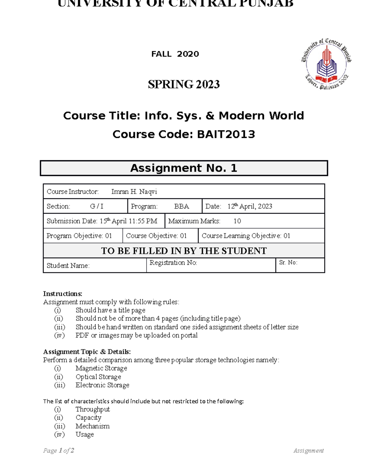 Assignment 1 - walmart - UNIVERSITY OF CENTRAL PUNJAB FALL 2020 SPRING ...