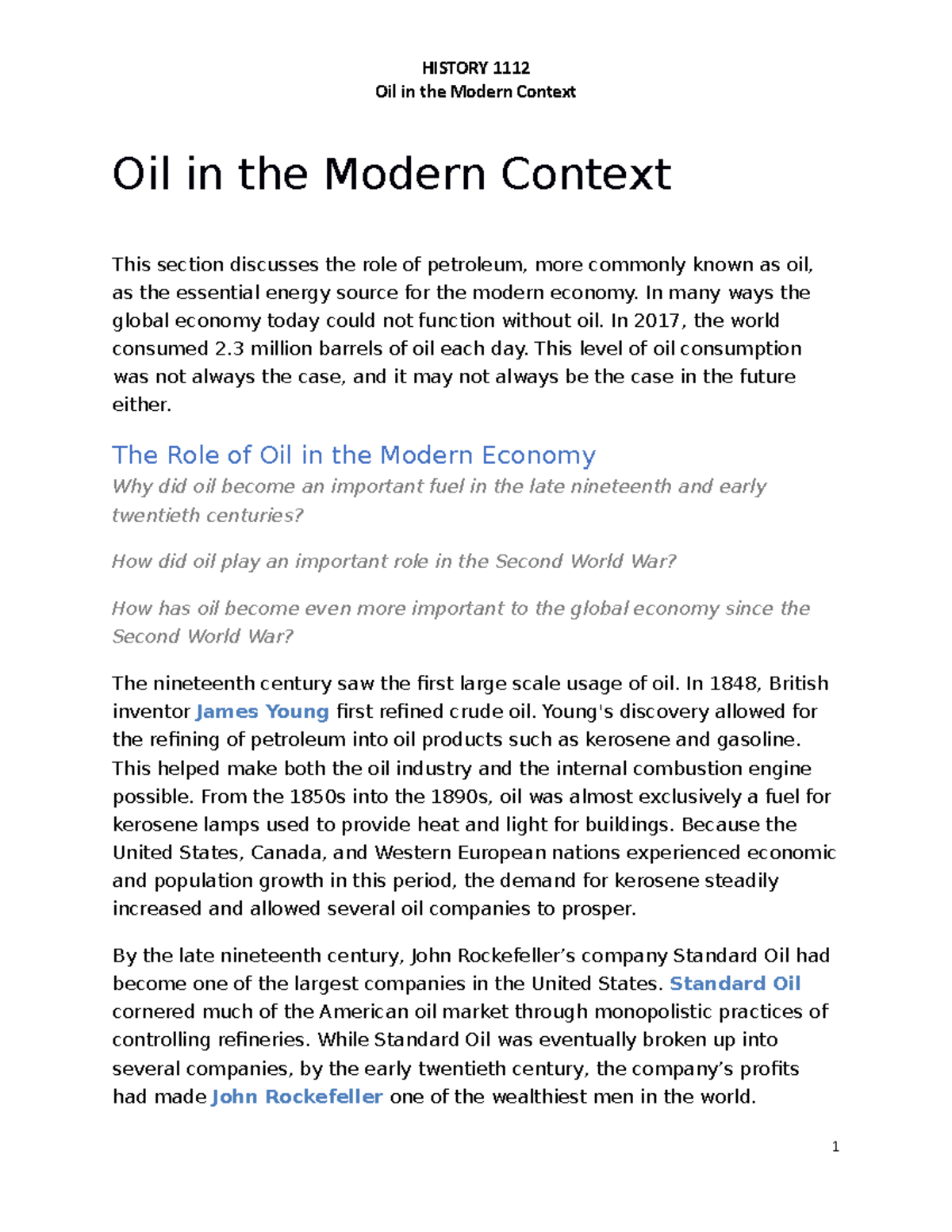 HIST 1112 - Oil in the Modern Context - Oil in the Modern Context Oil ...