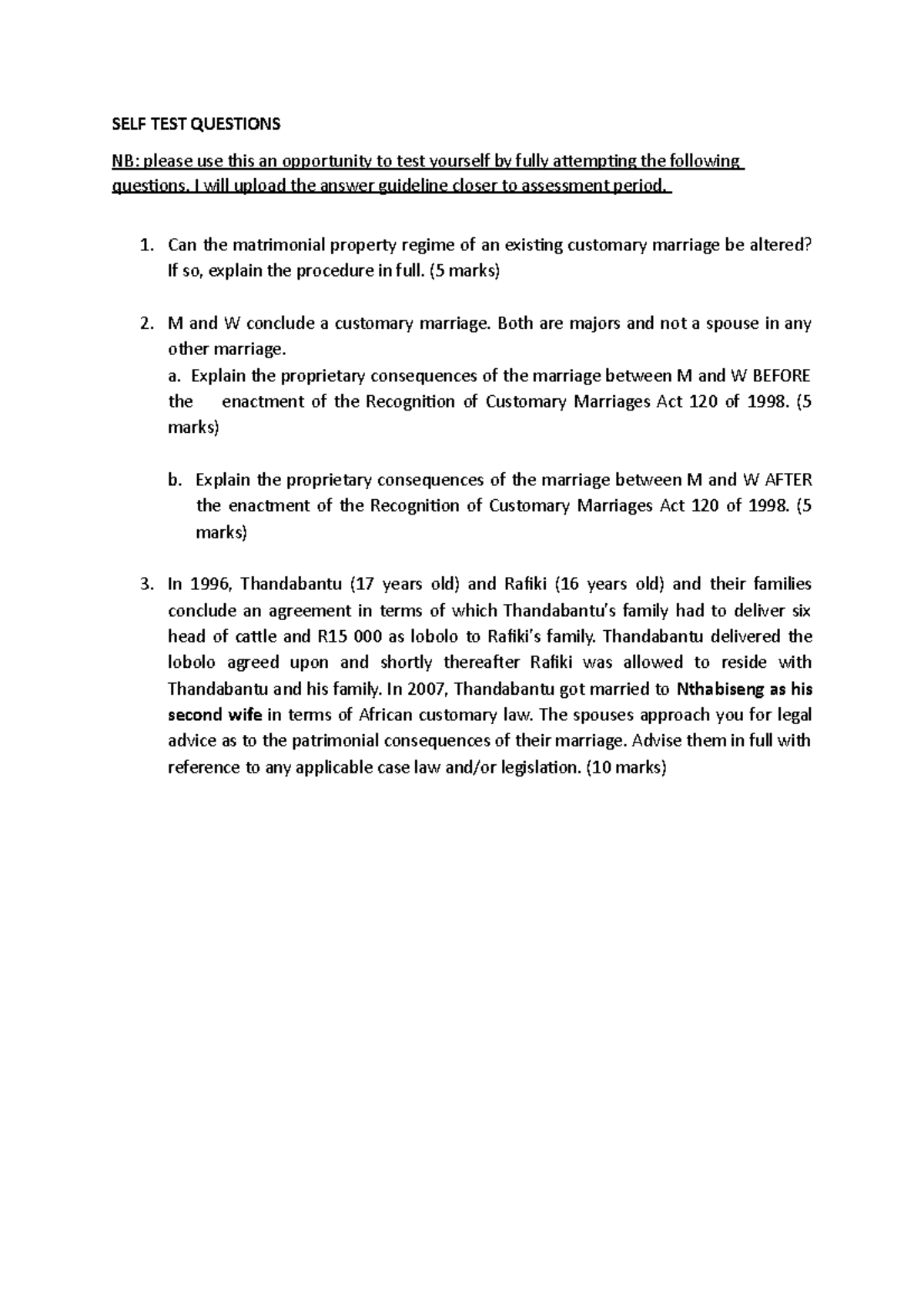 SELF TEST Questions.docx- Ch 7 - JLXV201 - Mandela - Studocu