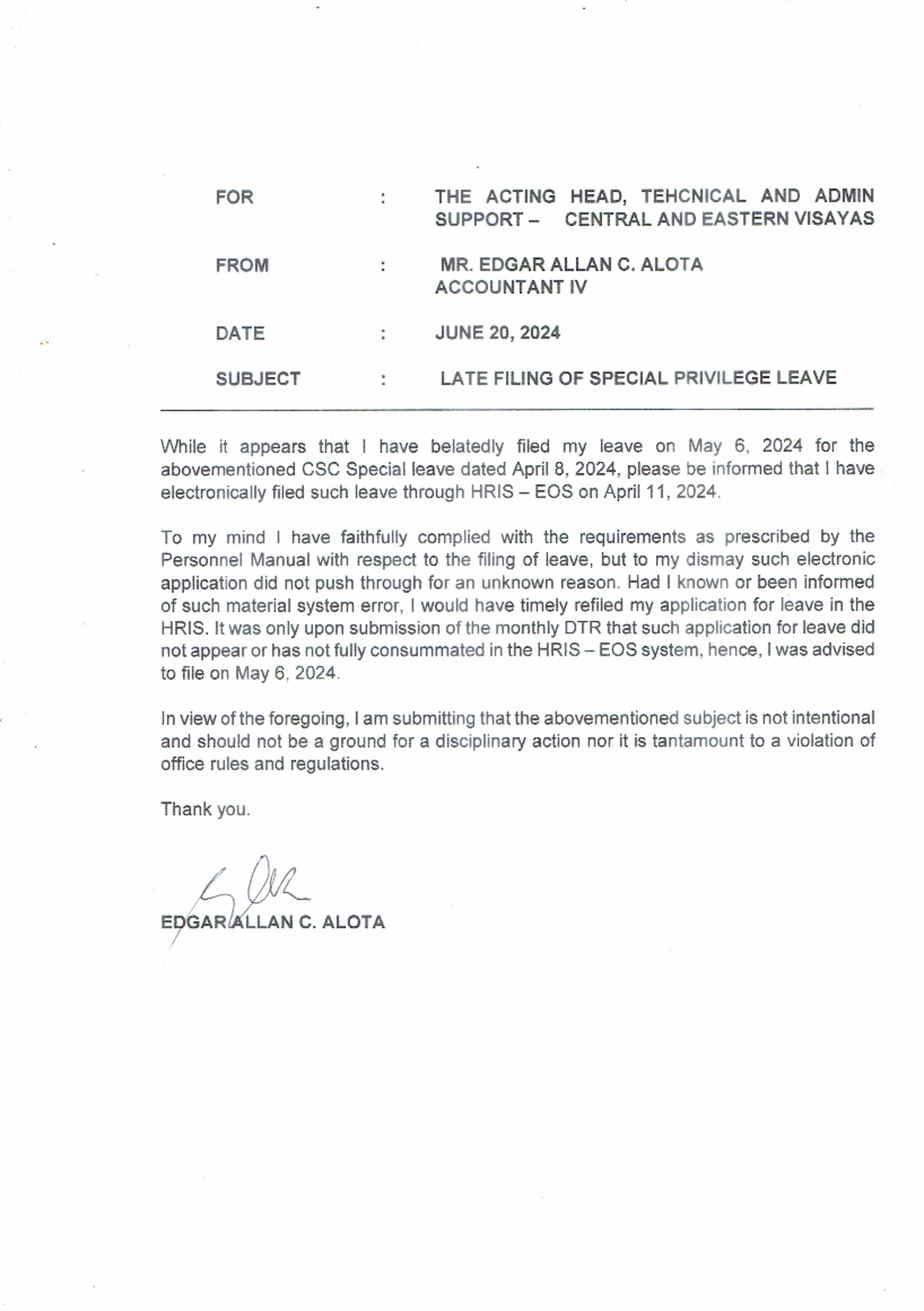 Reply Memo - FOR : THE ACTING HEAD, TEHCNICAL AND ADMIN SUPPORT CENTRAL ...