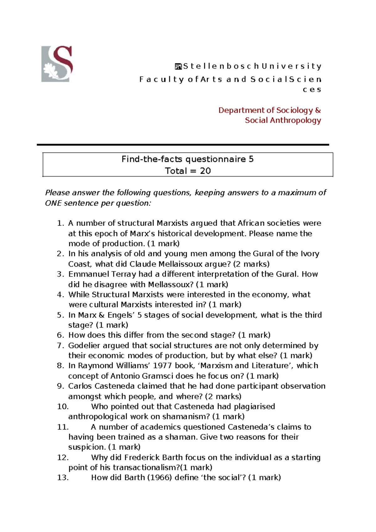 Questionnaire 5 - S t e l l e n b o s c h U n i v e r s i t y F a c u l ...