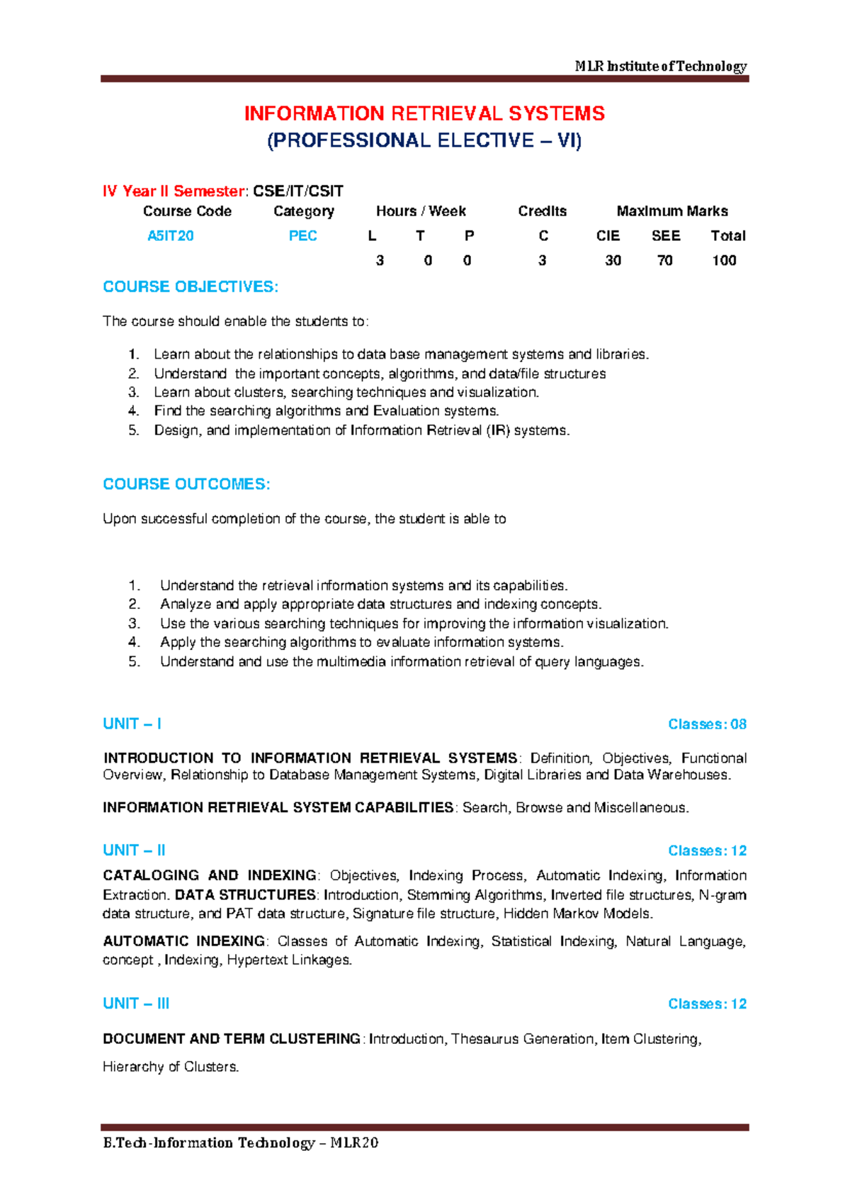 Information- Retrieval- Systems-(PE6) - MLR Institute of Technology B-Information Technology ...