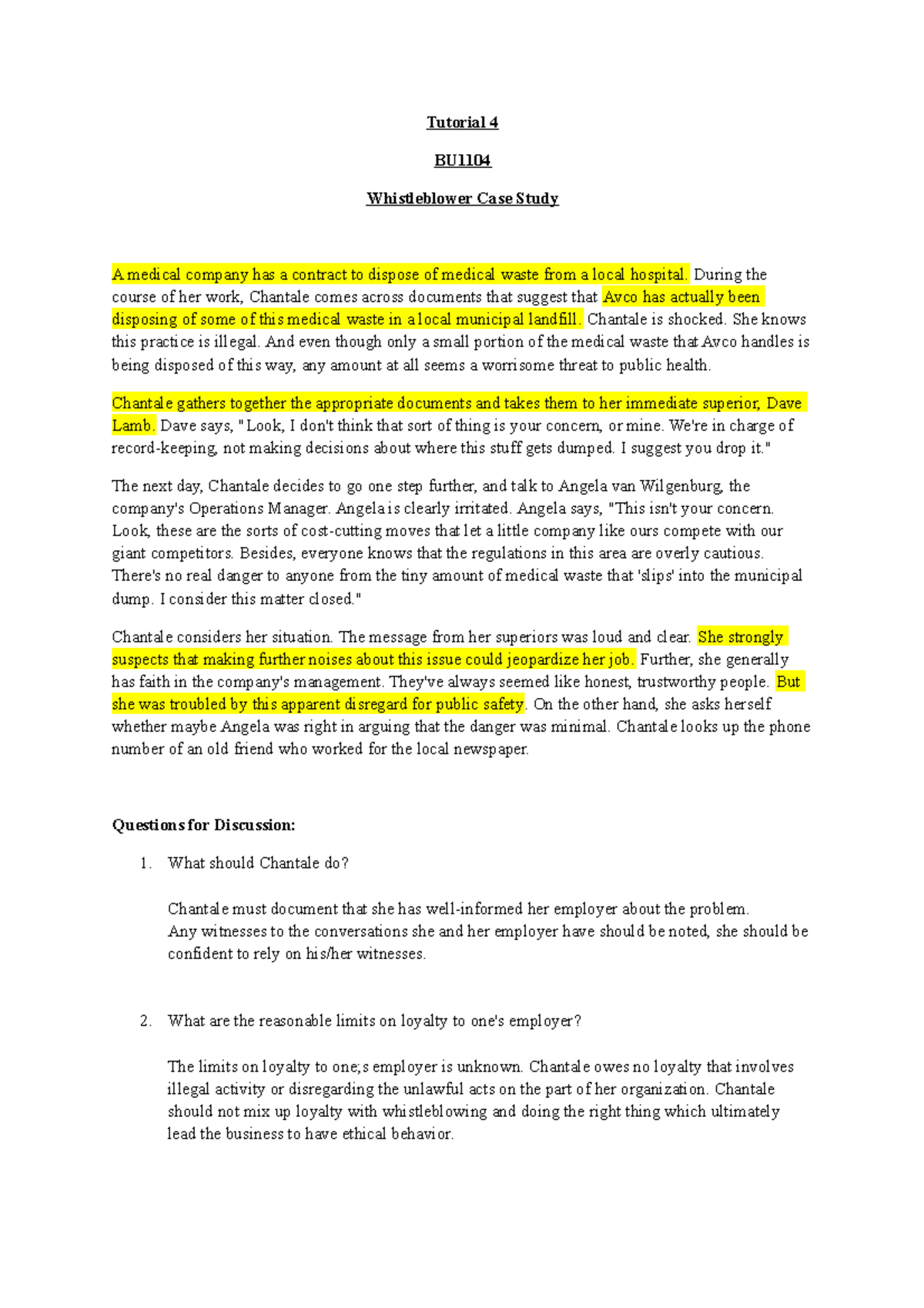 Tutorial 4 Notes - Tutorial 4 BU1104 Whistleblower Case Study A medical ...