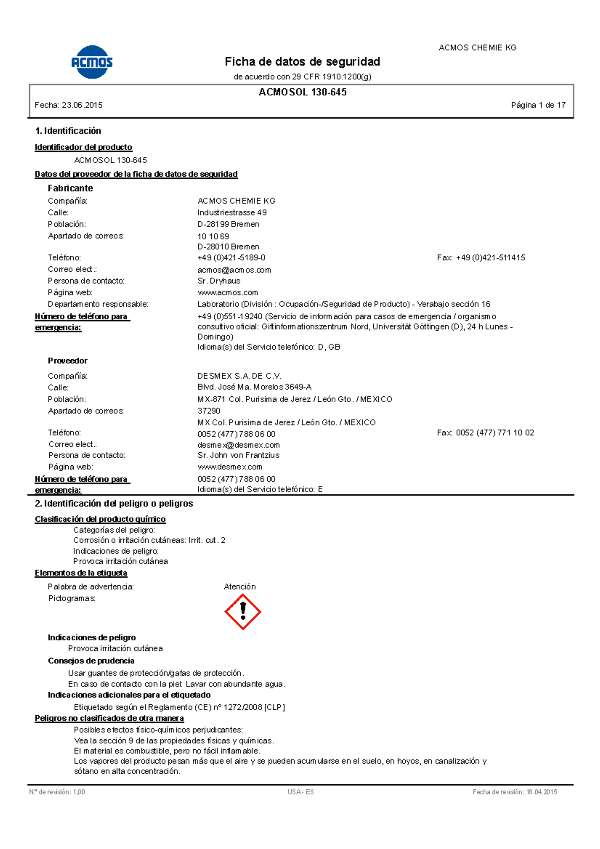 8. Acmosol 130-645 - ACMOSOL 130- Ficha de datos de seguridad Fecha: 23 ...