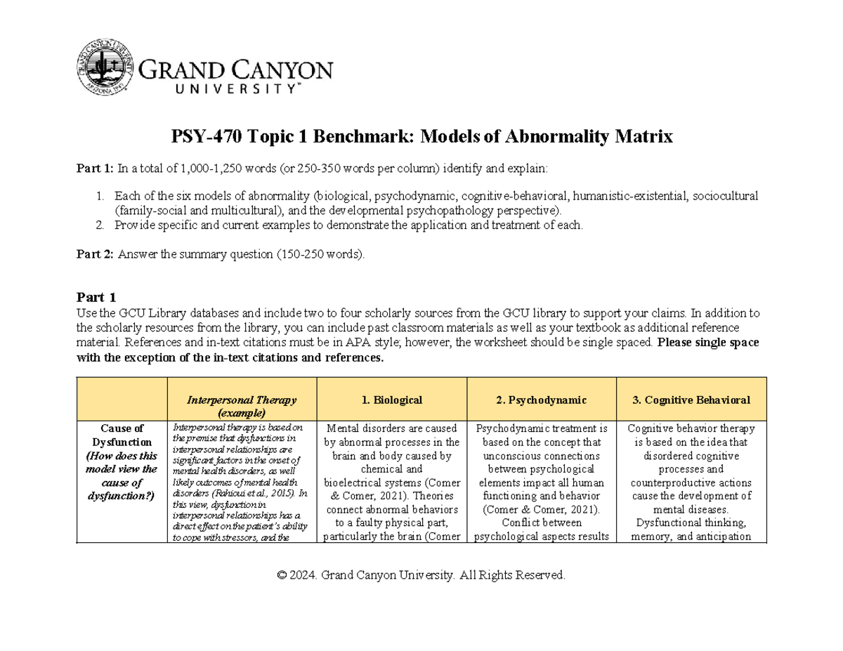 Models of Abnormality Matrix Assignment - PSY-470 Topic 1 Benchmark ...