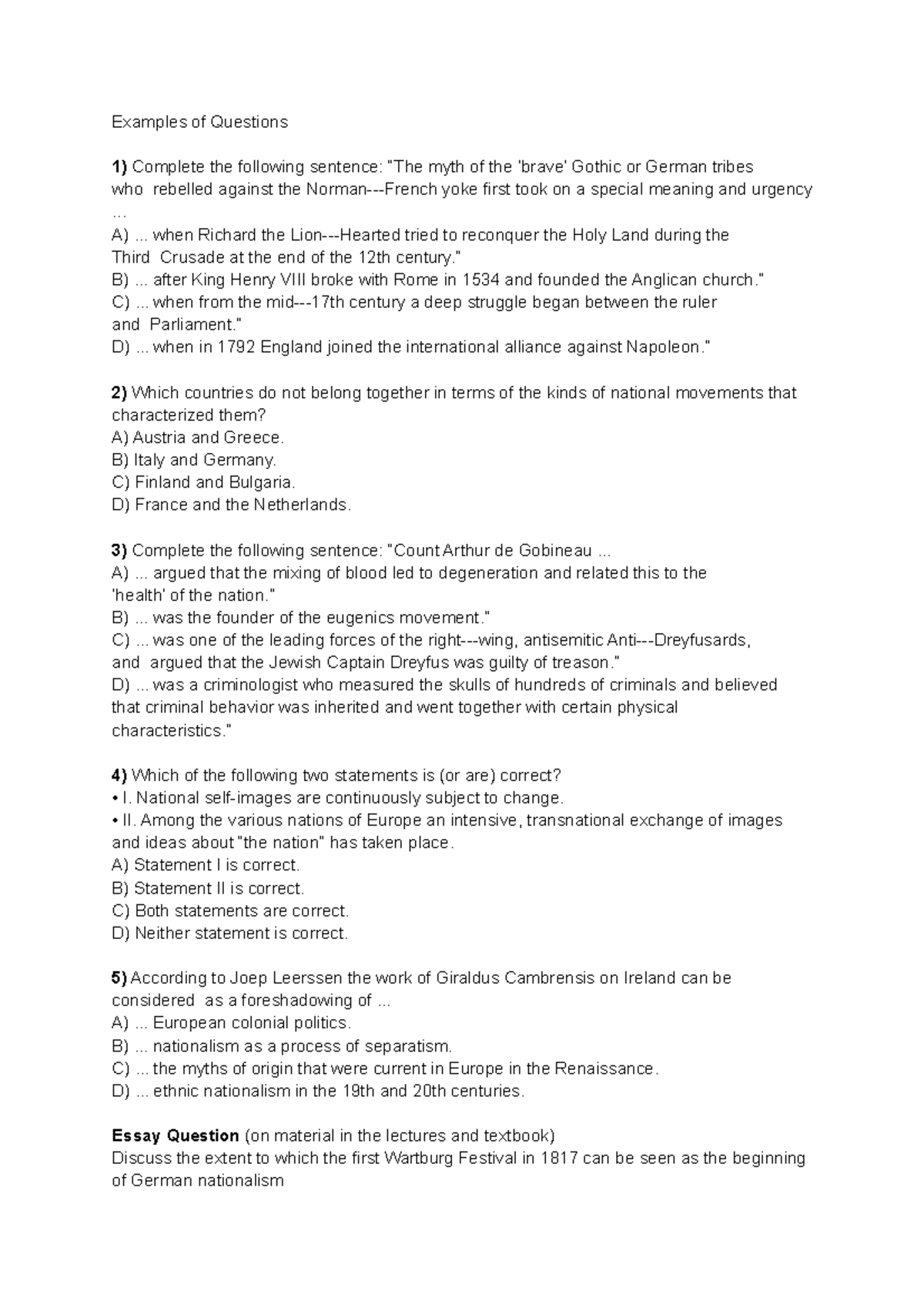 Examples of Questions NT - Examples of Questions 1) Complete the ...