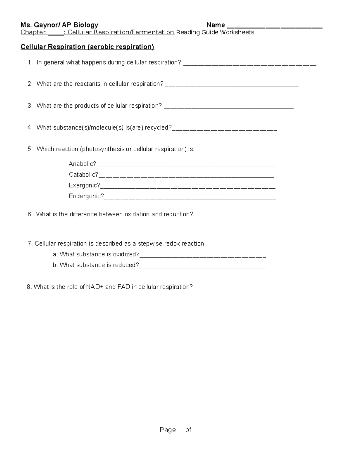 Cellular respiration review - Ms. Gaynor/ AP Biology Name ...