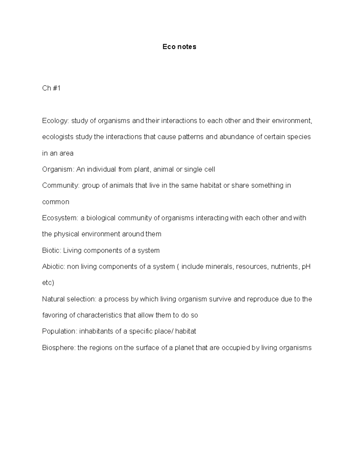 Eco notes - Eco notes Ch # Ecology: study of organisms and their ...