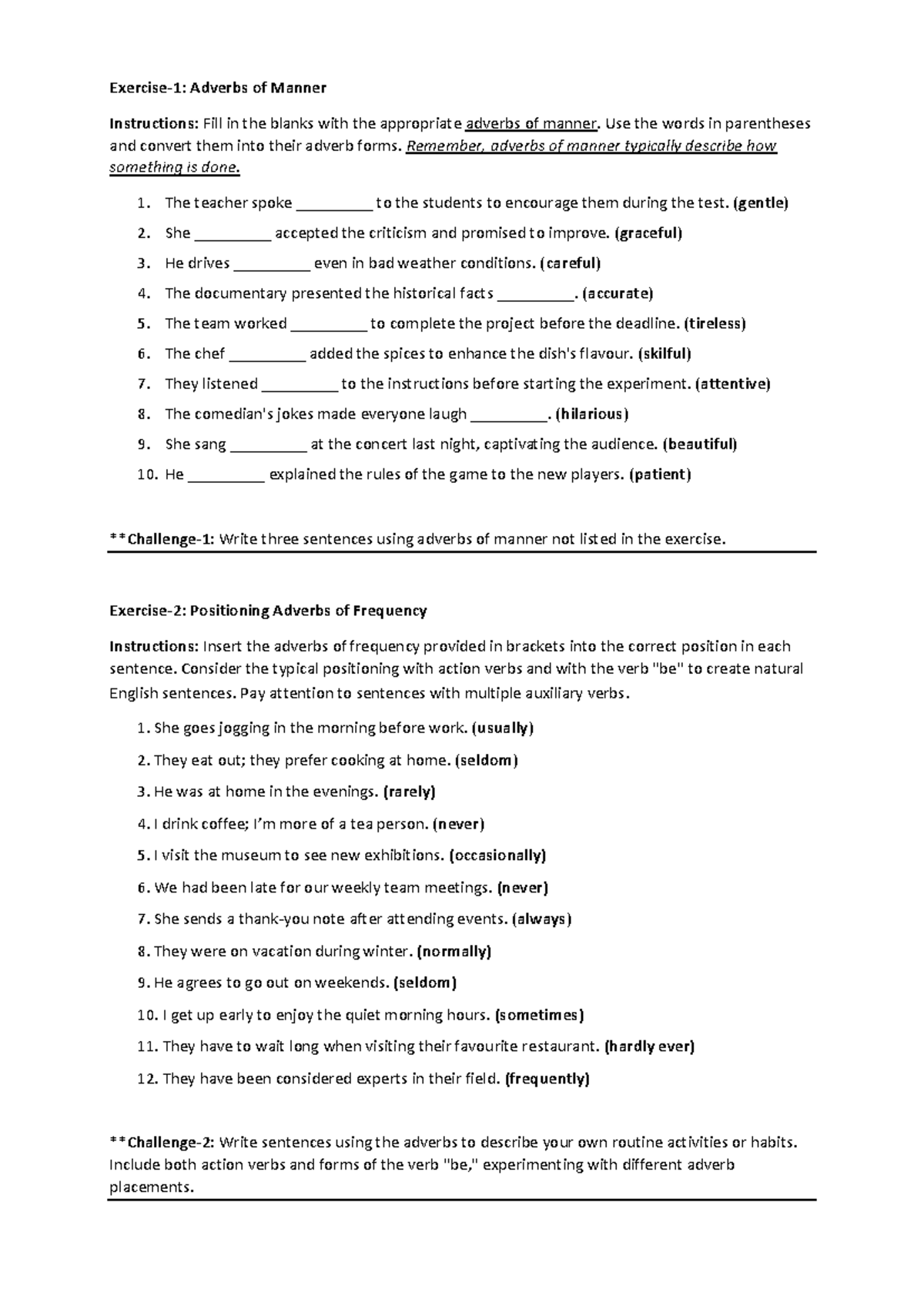 Adverbs Exercises - Exercise- 1 : Adverbs of Manner Instructions: Fill ...