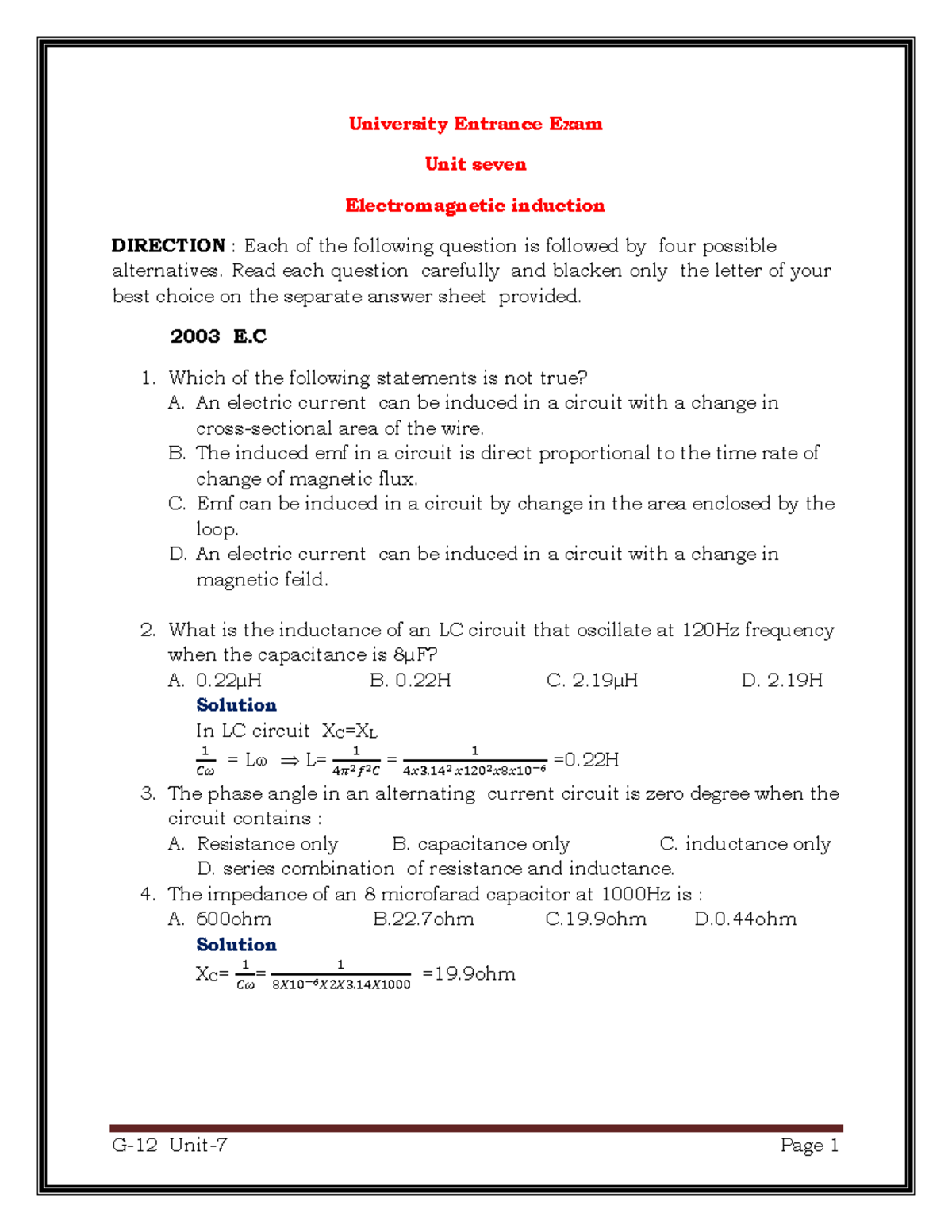 physics-Electromagnetic induction - University Entrance Exam Unit seven ...