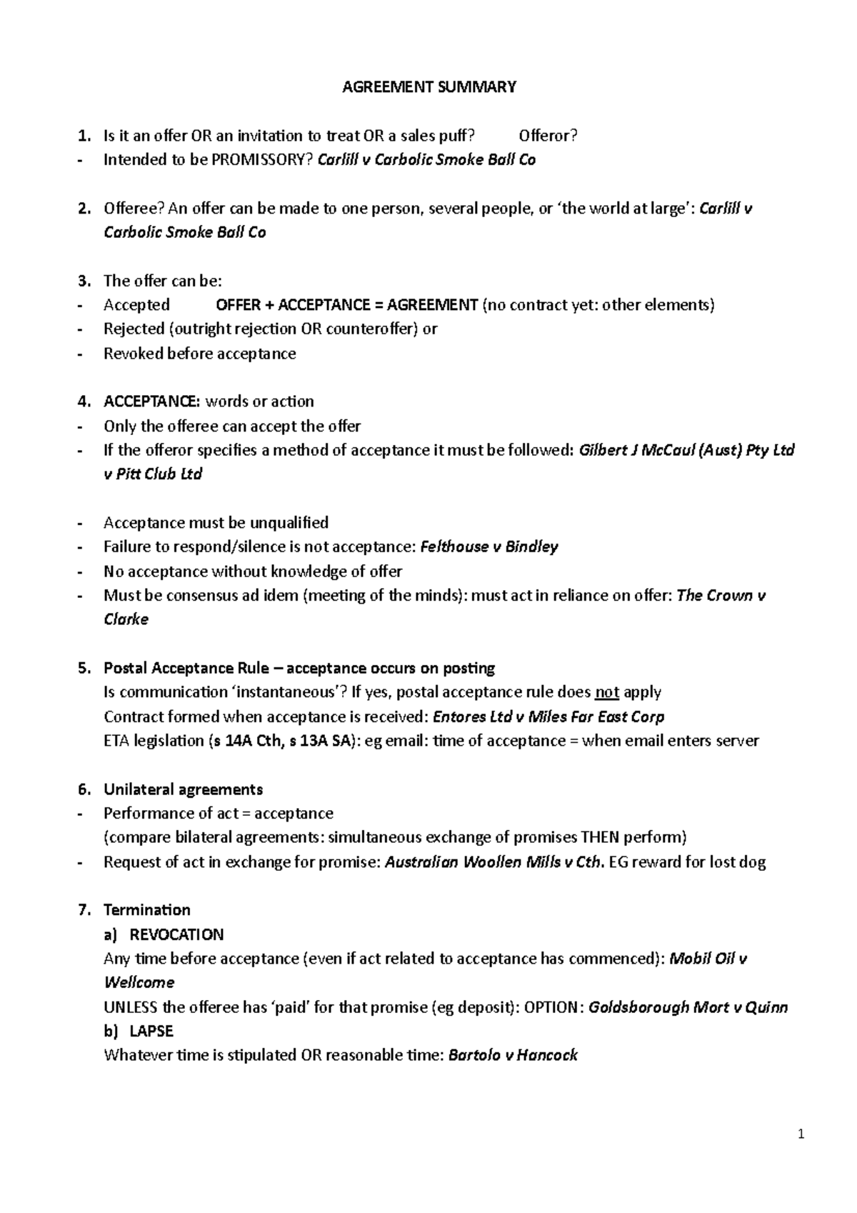 Contracts A - Agreement Summary - AGREEMENT SUMMARY 1. Is it an offer ...