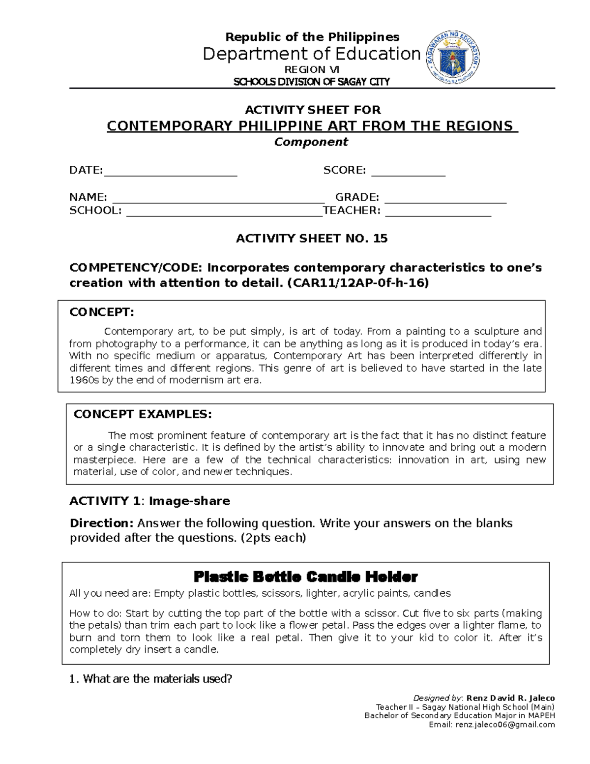 Activity Sheet 15 - lecture - Republic of the Philippines Department of ...