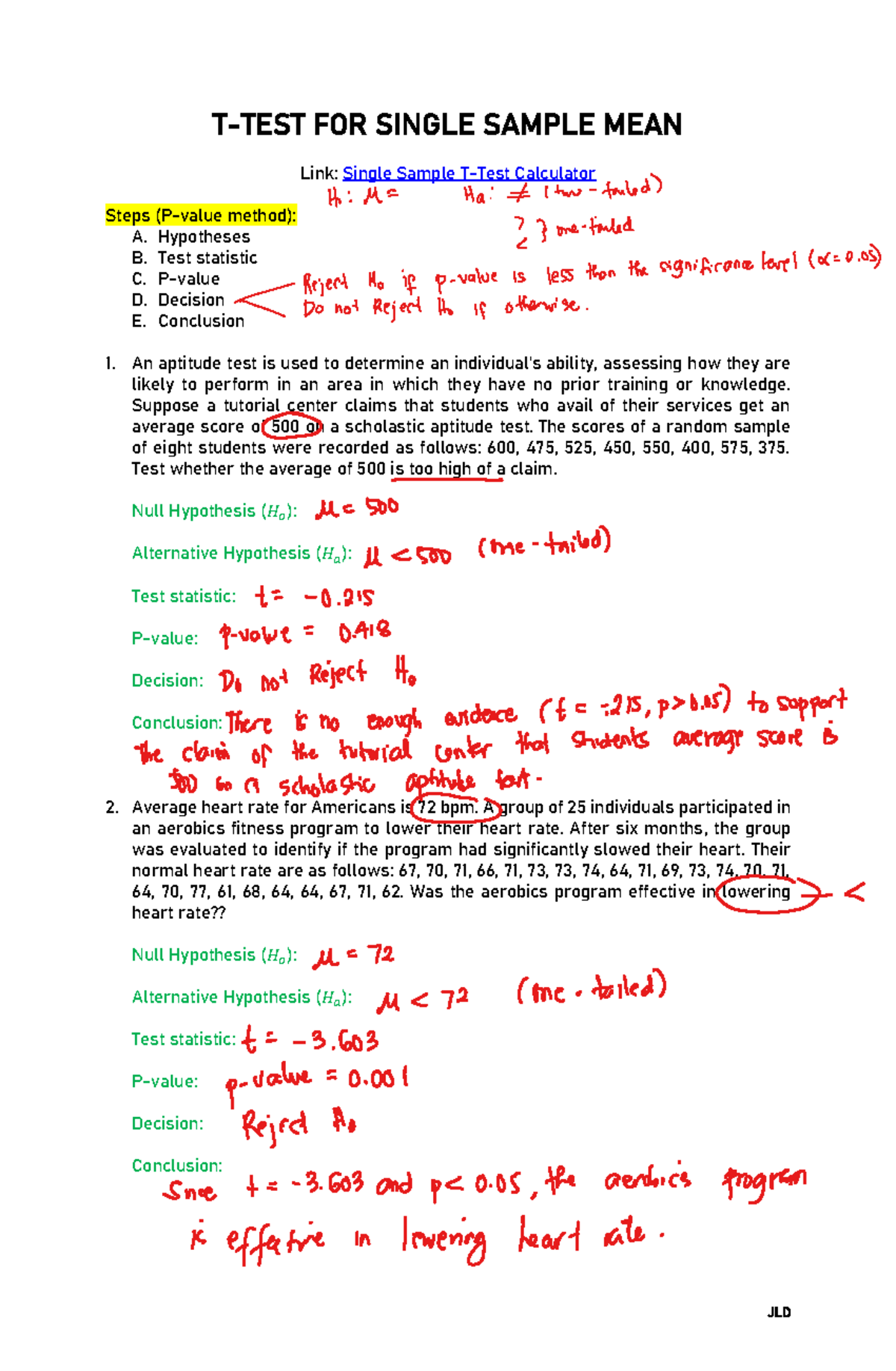 T-test-for-Single-Sample-Mean-WITH- Answers and how to use calculator ...