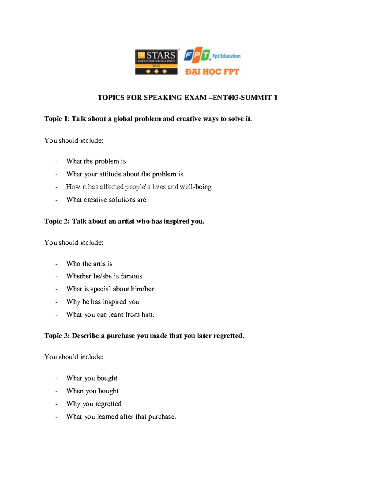 ENT403 Topics for speaking exam - TOPICS FOR SPEAKING EXAM –ENT403 ...