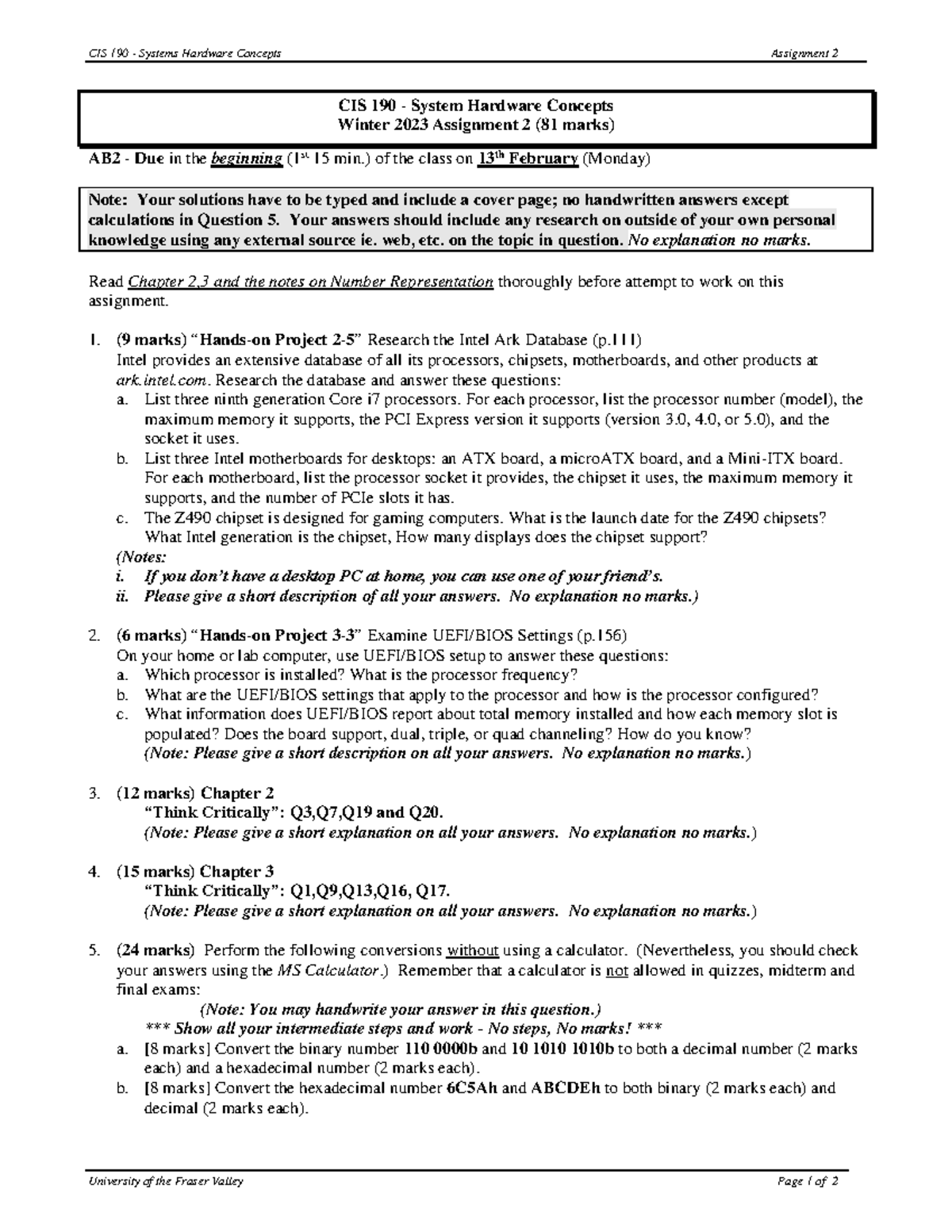 Assignment 2 - chapter 2 - CIS 190 - Systems Hardware Concepts ...
