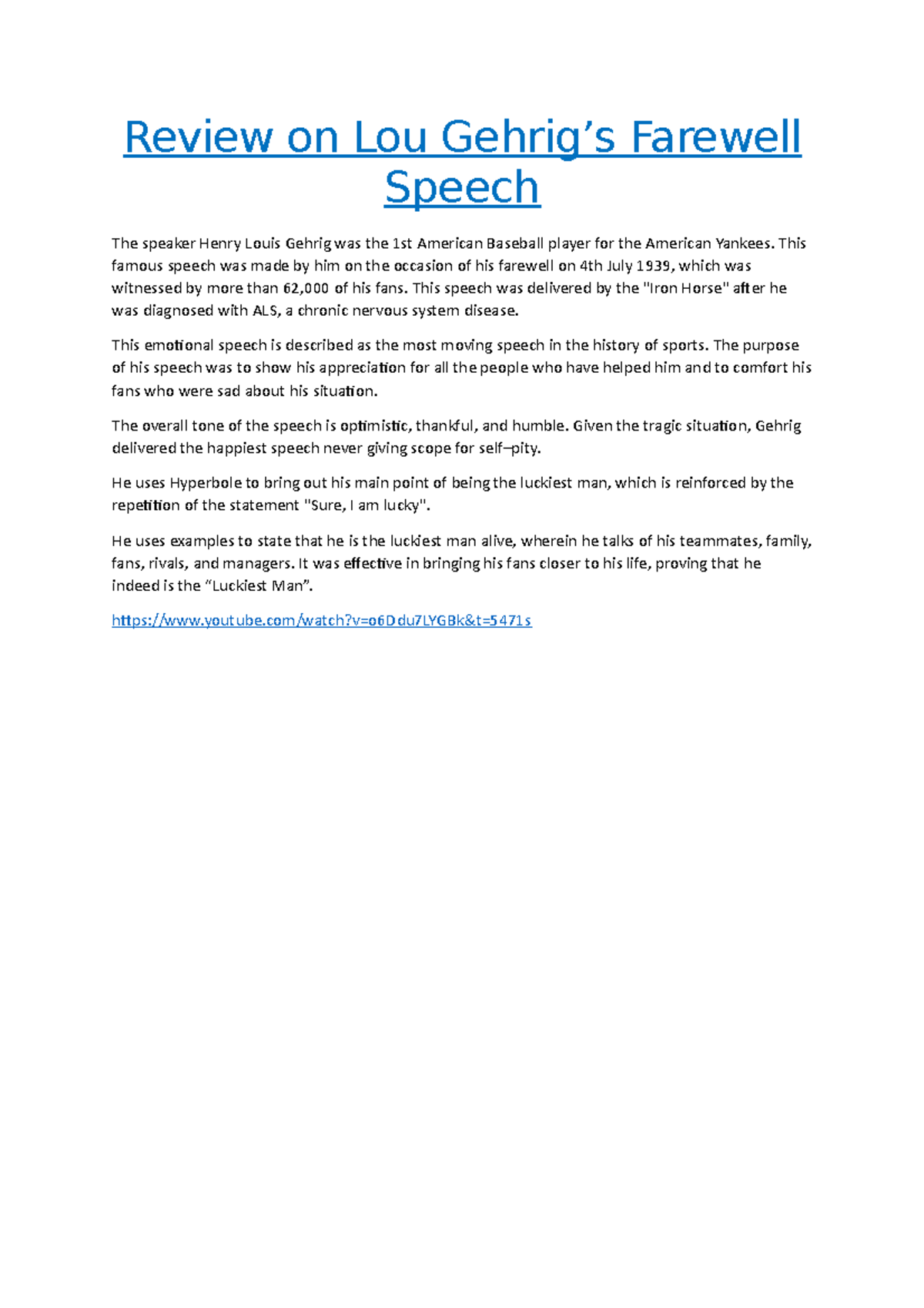 Lou Gehrig Speech Review - Review on Lou Gehrig’s Farewell Speech The ...