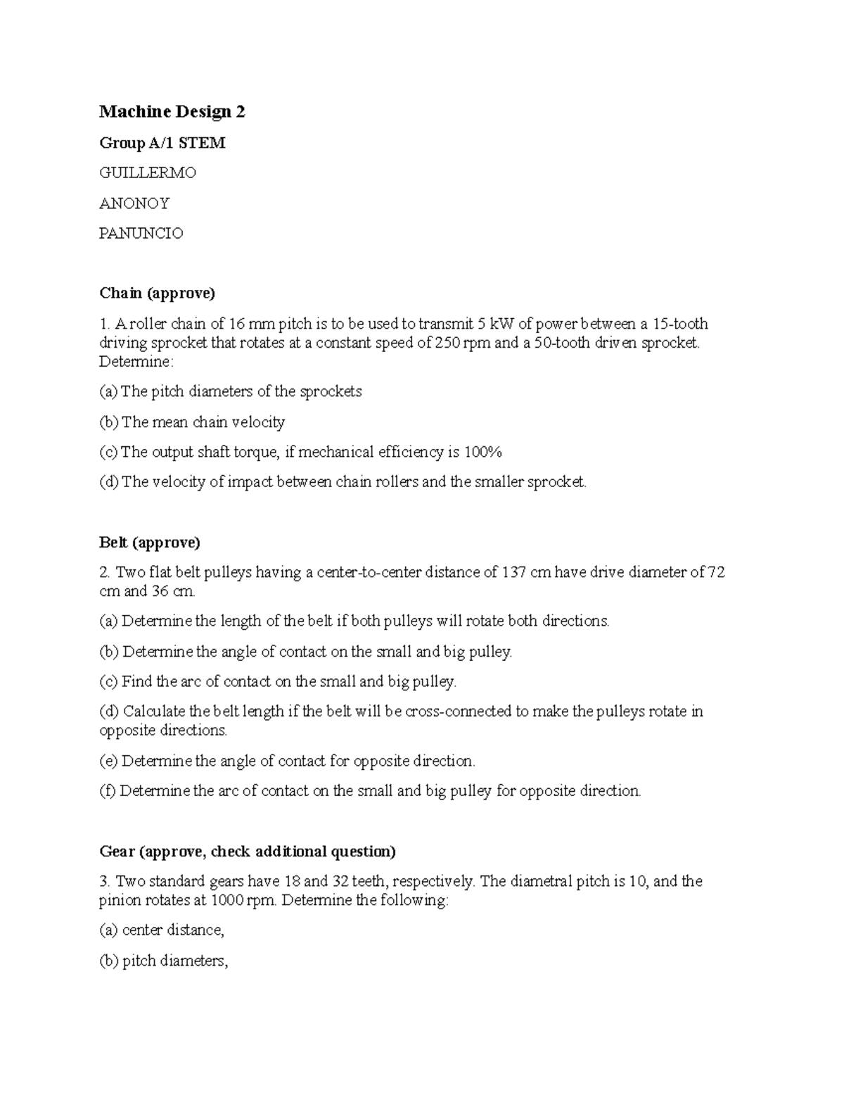 Machine Design 2 problems - Machine Design 2 Group A/1 STEM GUILLERMO ...