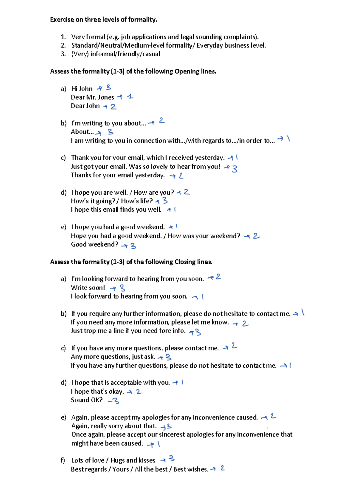 Three levels of formality emails - Exercise on three levels of ...