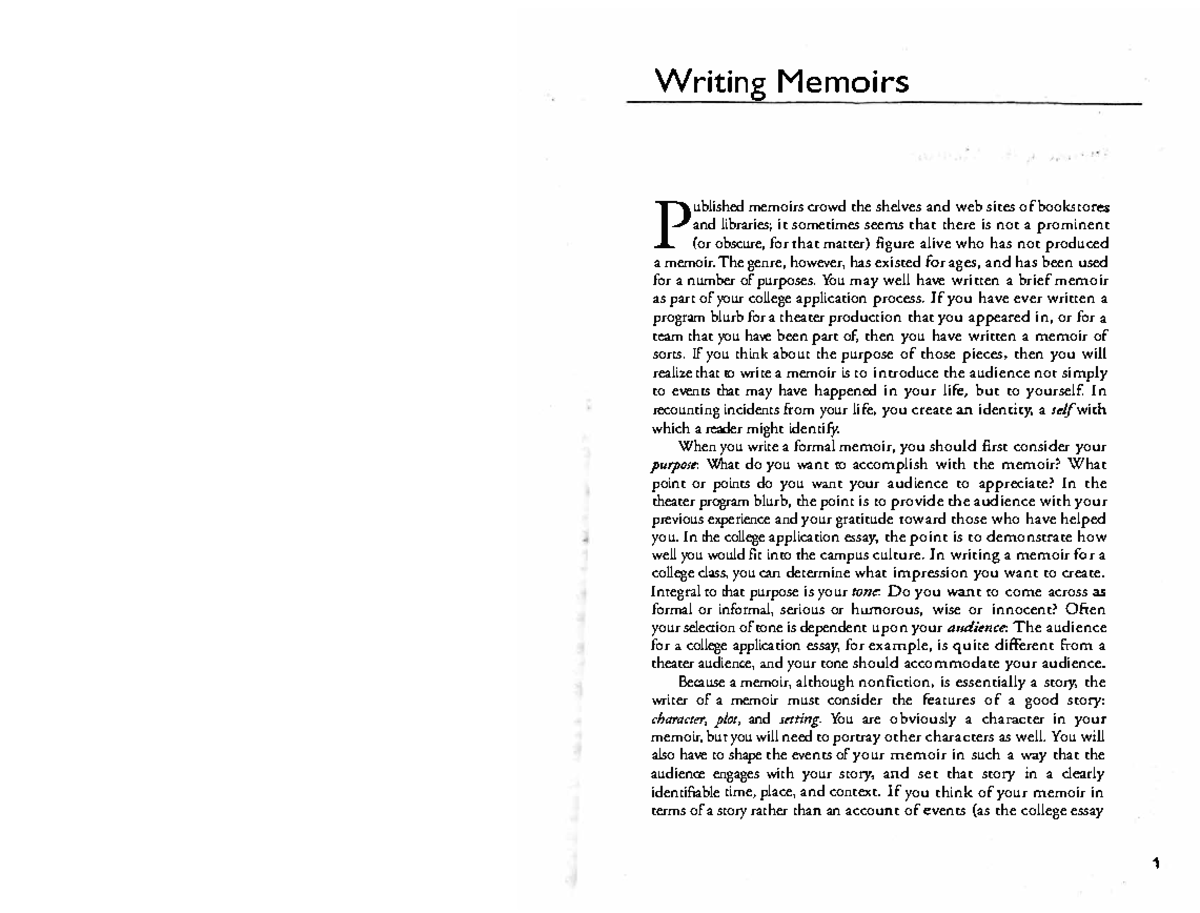 Writing memoir - It is a reading provided by our professor to us ...