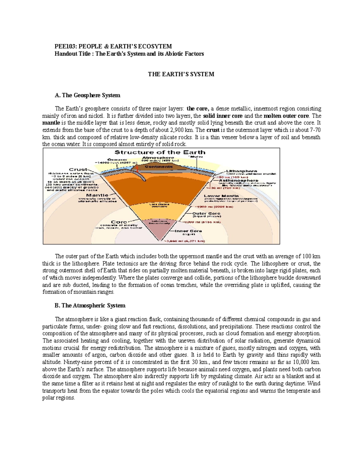 Earth System - Lecture notes 1 - PEE103: PEOPLE & EARTH’S ECOSYTEM ...