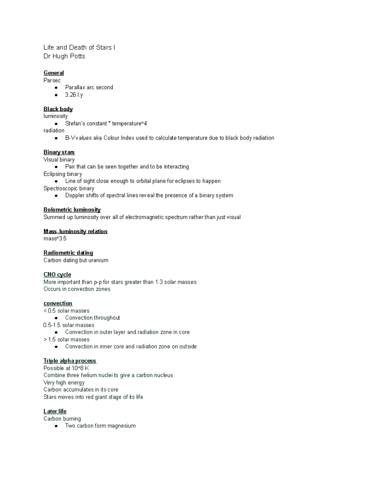 Life and Death of Stars I Bullet Pointed Key Concepts 2019 2020 - Life ...