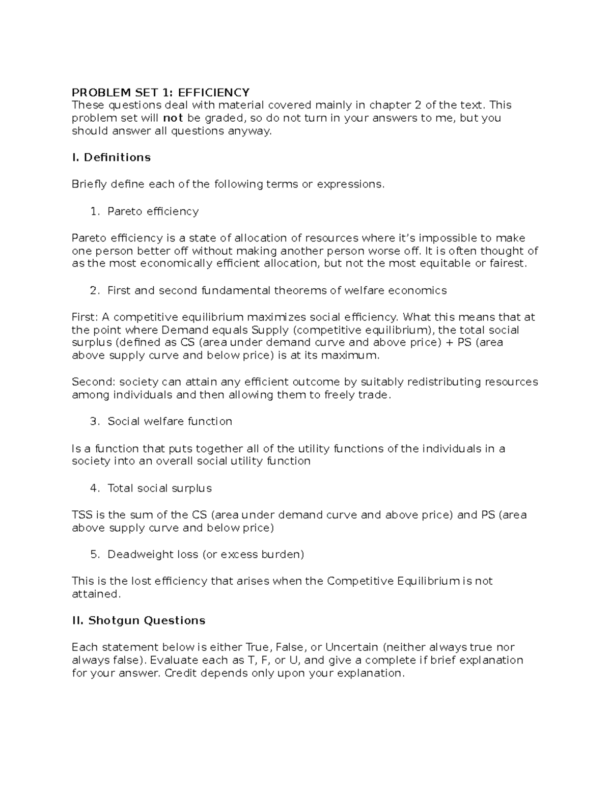 Problem SET 1 - PROBLEM SET 1: EFFICIENCY These questions deal with ...