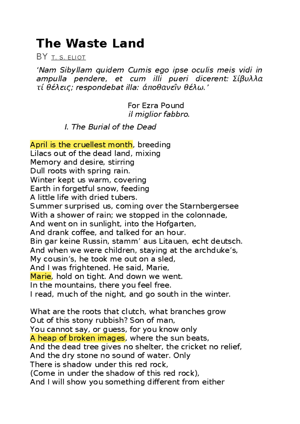 The Waste Land - Summary Modernity and Modernisms - The Waste Land BY T ...