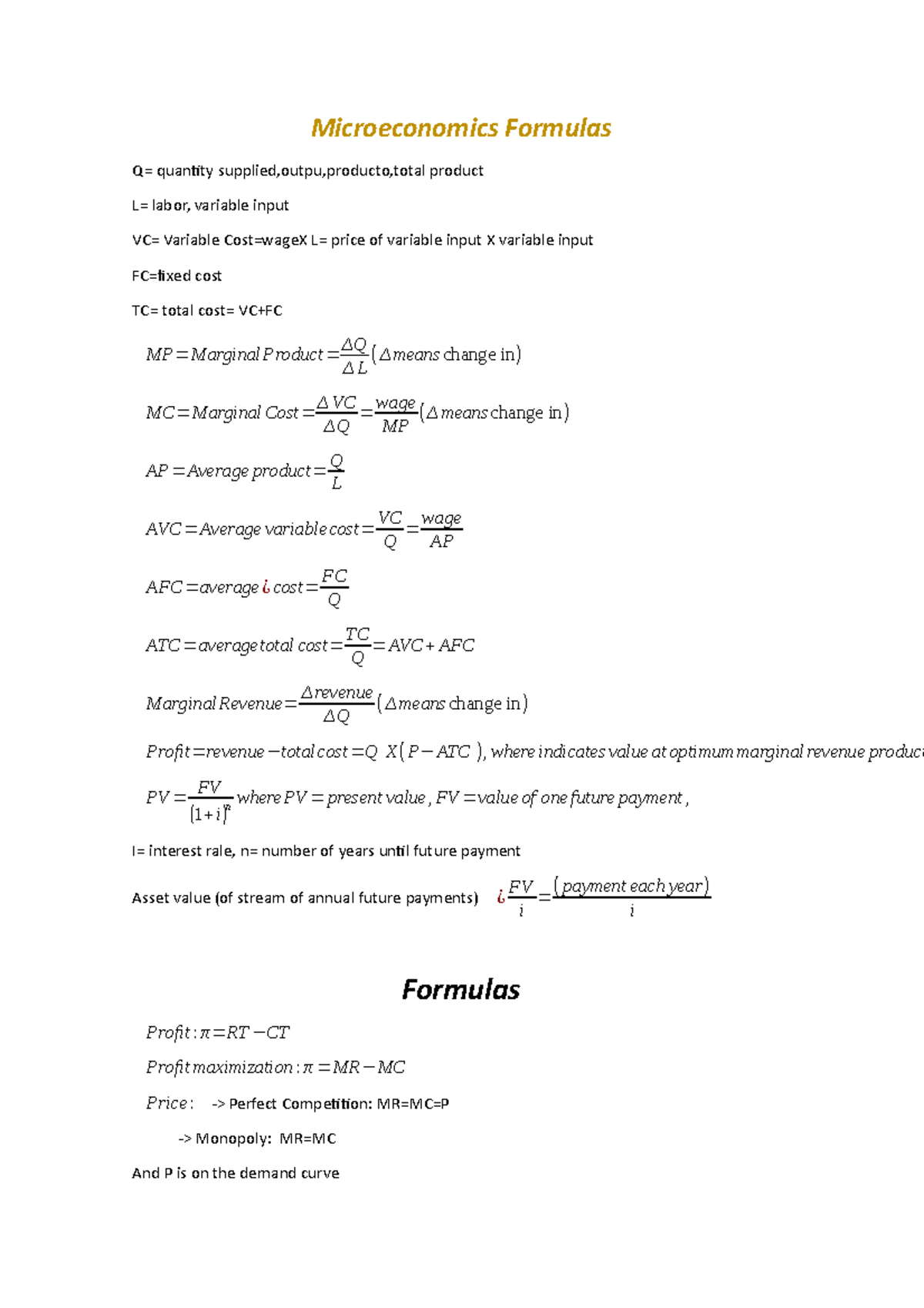 Microeconomics Formulas- can help - Mikri19 - SDU - Studocu