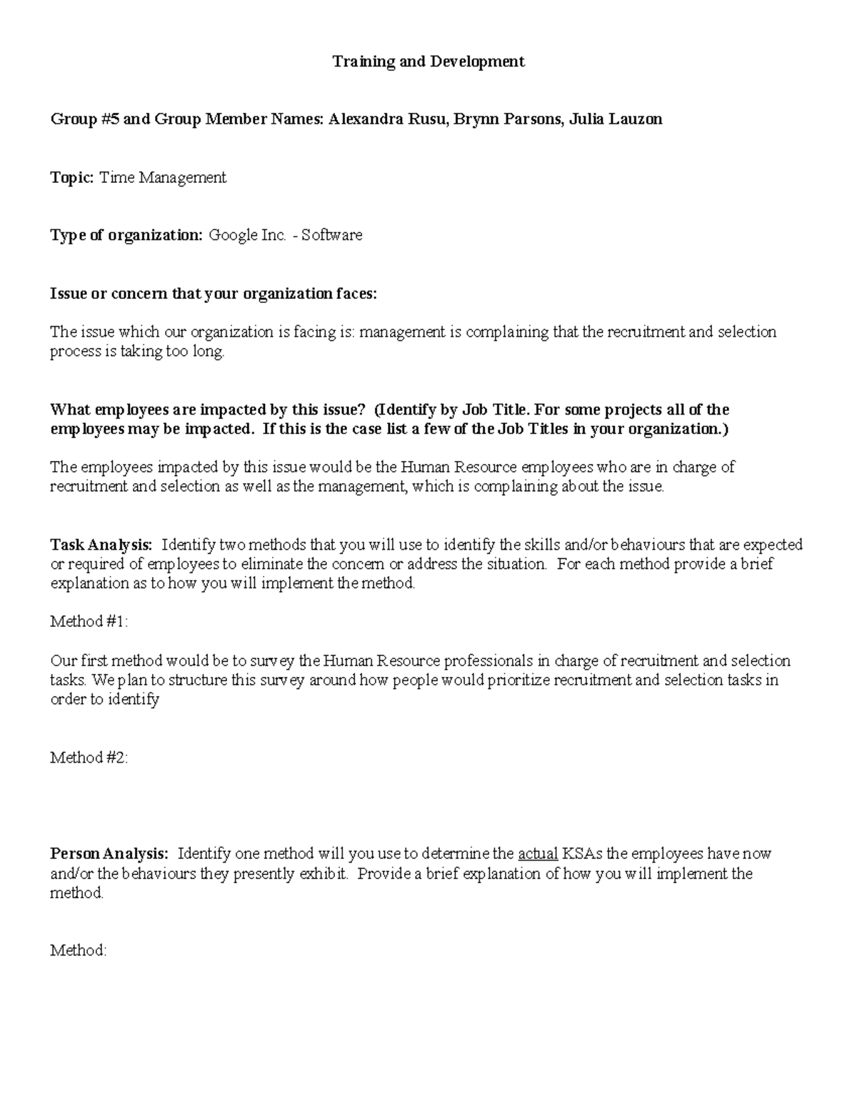 Part 1- Plan - Part 1 of the main assignment for the class. - Training ...