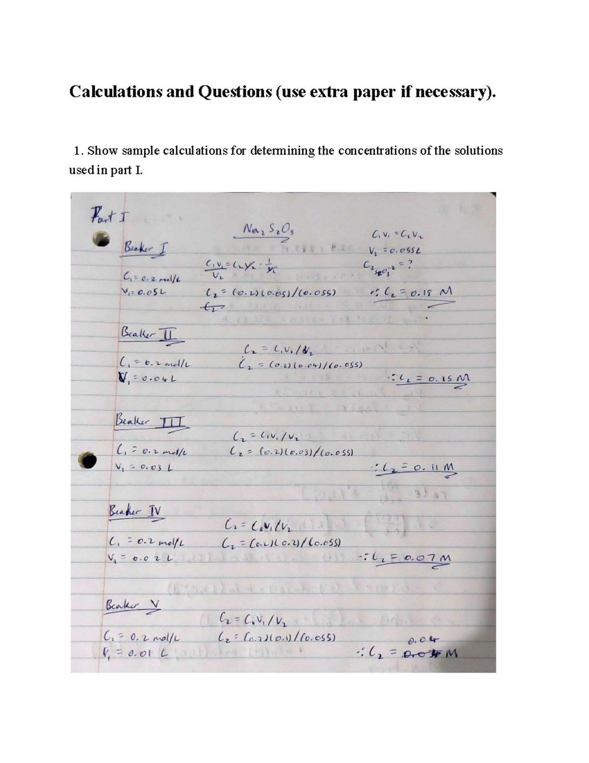 CHEM 4 LAB 240320 082949 - Calculations and Questions (use extra paper ...