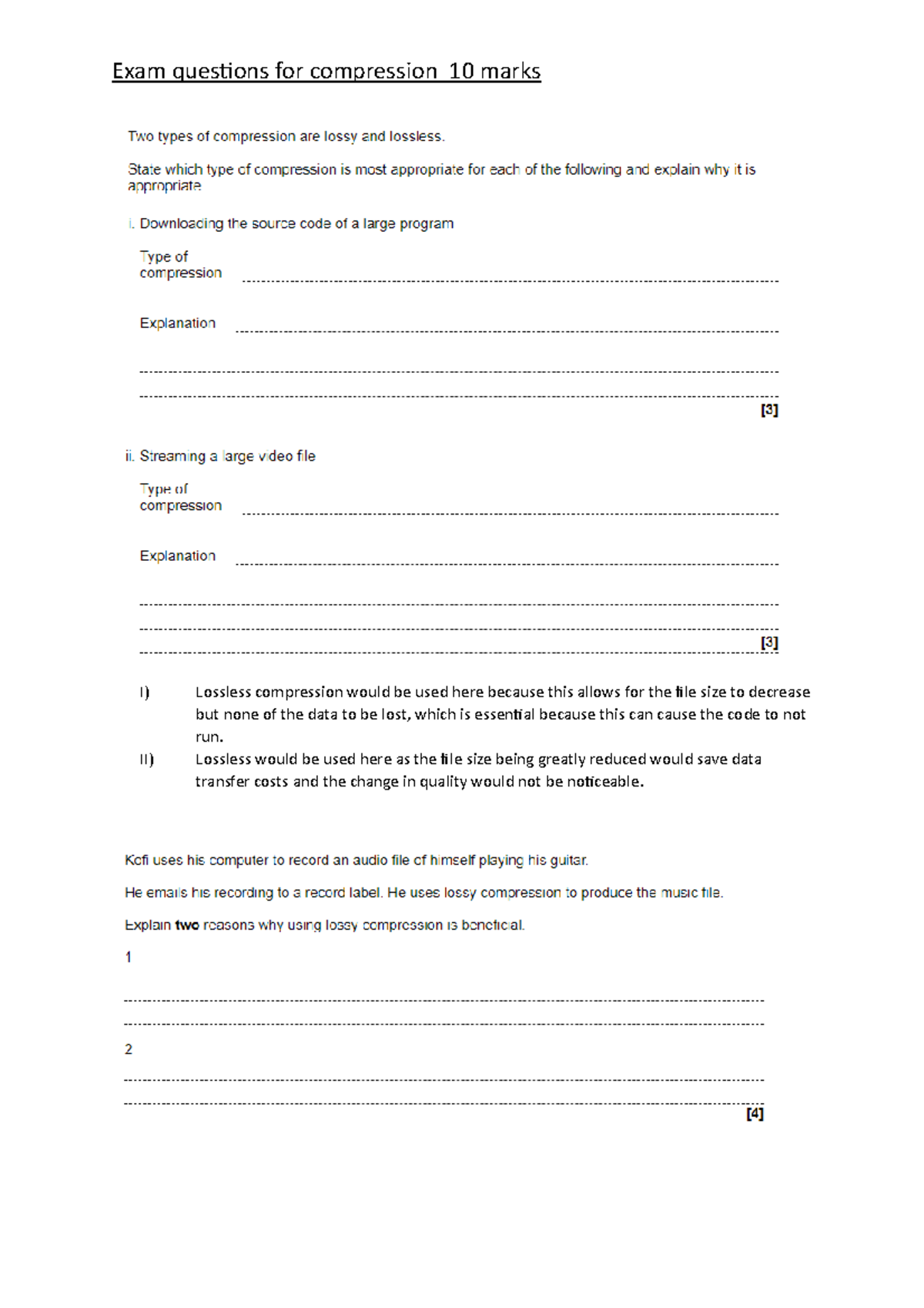Compression Exam Q copy - Exam questions for compression 10 marks I ...