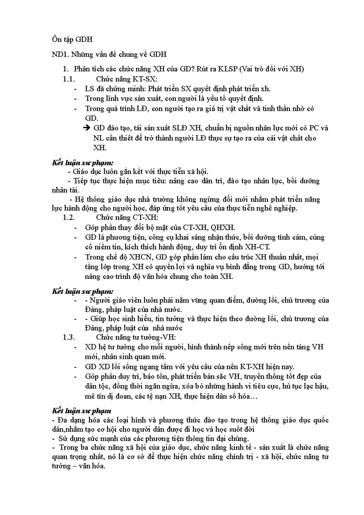 Ôn tập Giáo dục học - Ôn tập GDH ND1. Những vấn đề chung về GDH Phân tích các chức năng XH của ...