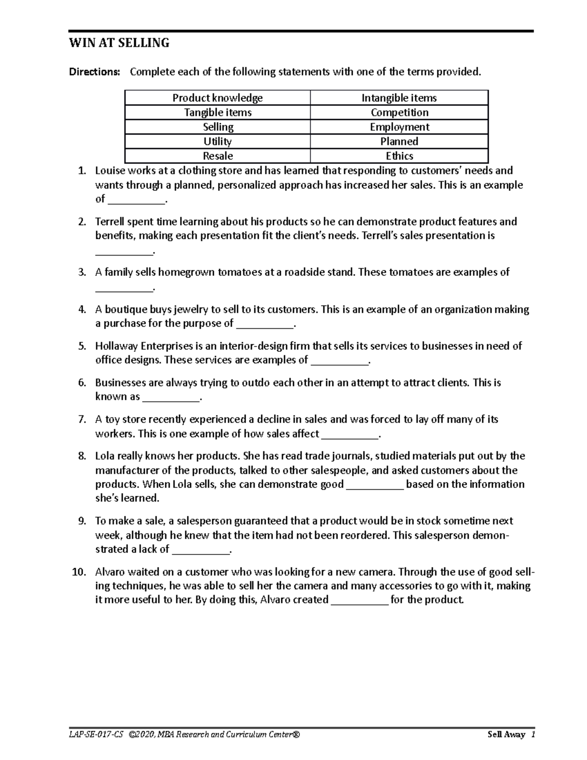 SE17 Individual Activity 1 - WIN AT SELLING Directions: Complete each ...