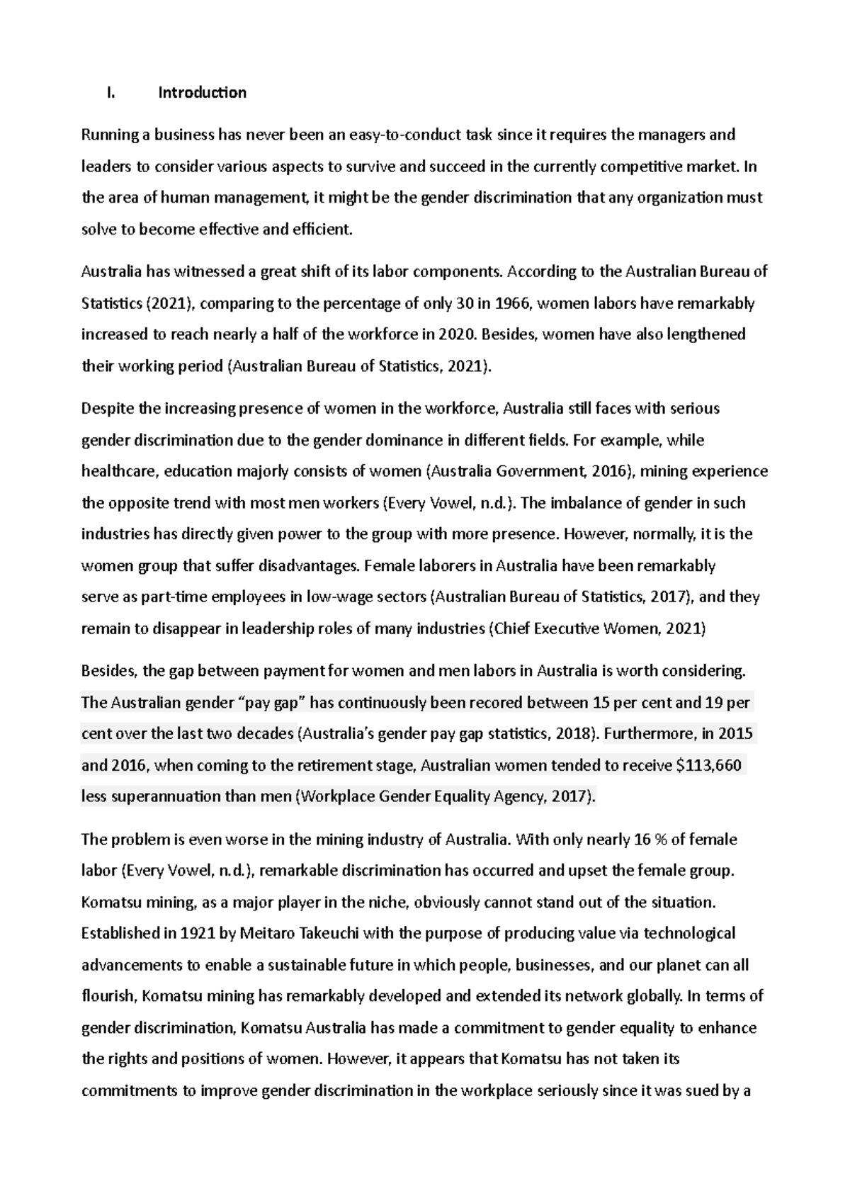 Gender discrimination - I. Introduction Running a business has never ...