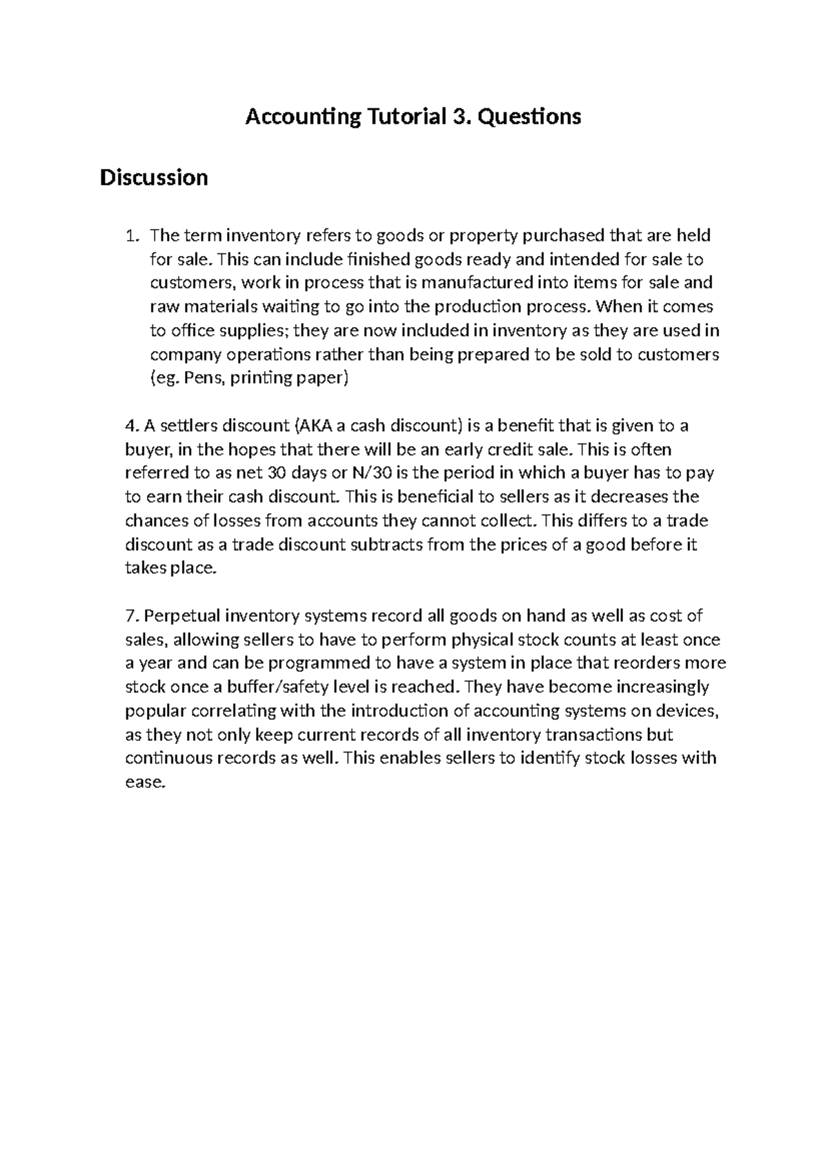 Accounting Tutorial 3 questions - Accounting Tutorial 3. Questions ...