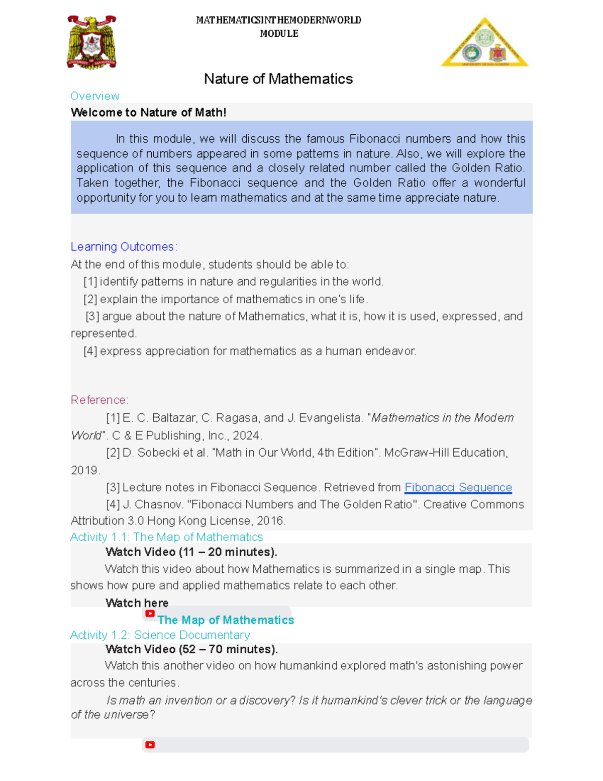 GE3 Module 1 - Nature of Math - MODULE Nature of Mathematics Overview ...