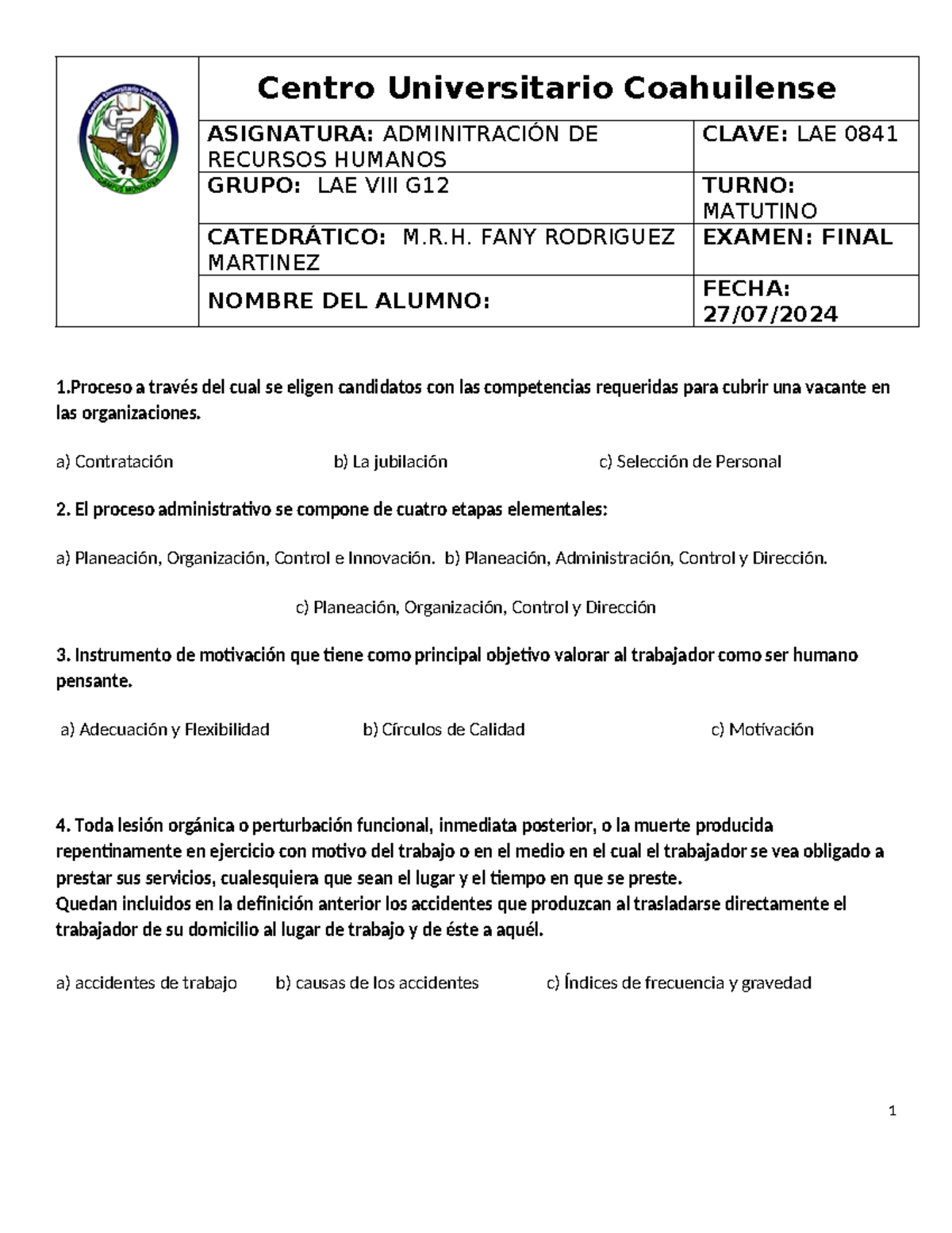 Formato Examen Oficial - Centro Universitario Coahuilense ASIGNATURA ...
