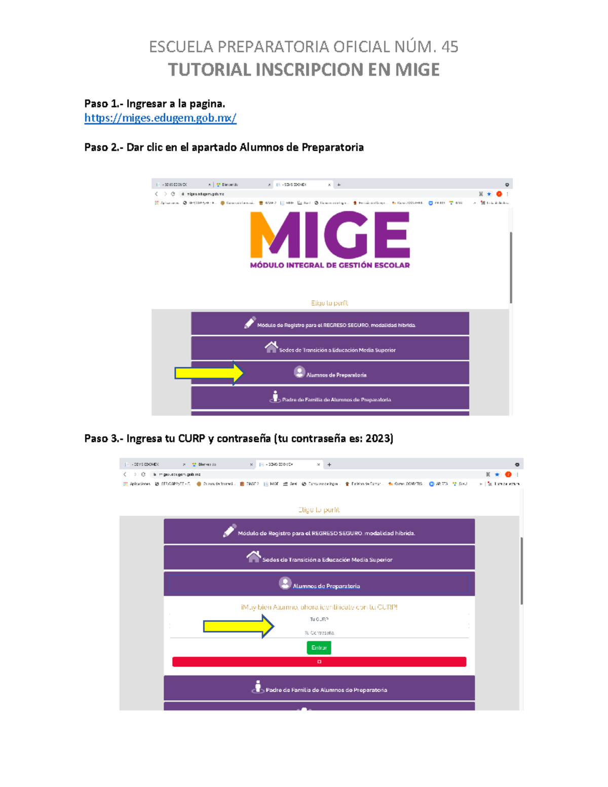 Tutorial Inscripcion EN MIGE - ESCUELA PREPARATORIA OFICIAL N⁄M. 45 ...