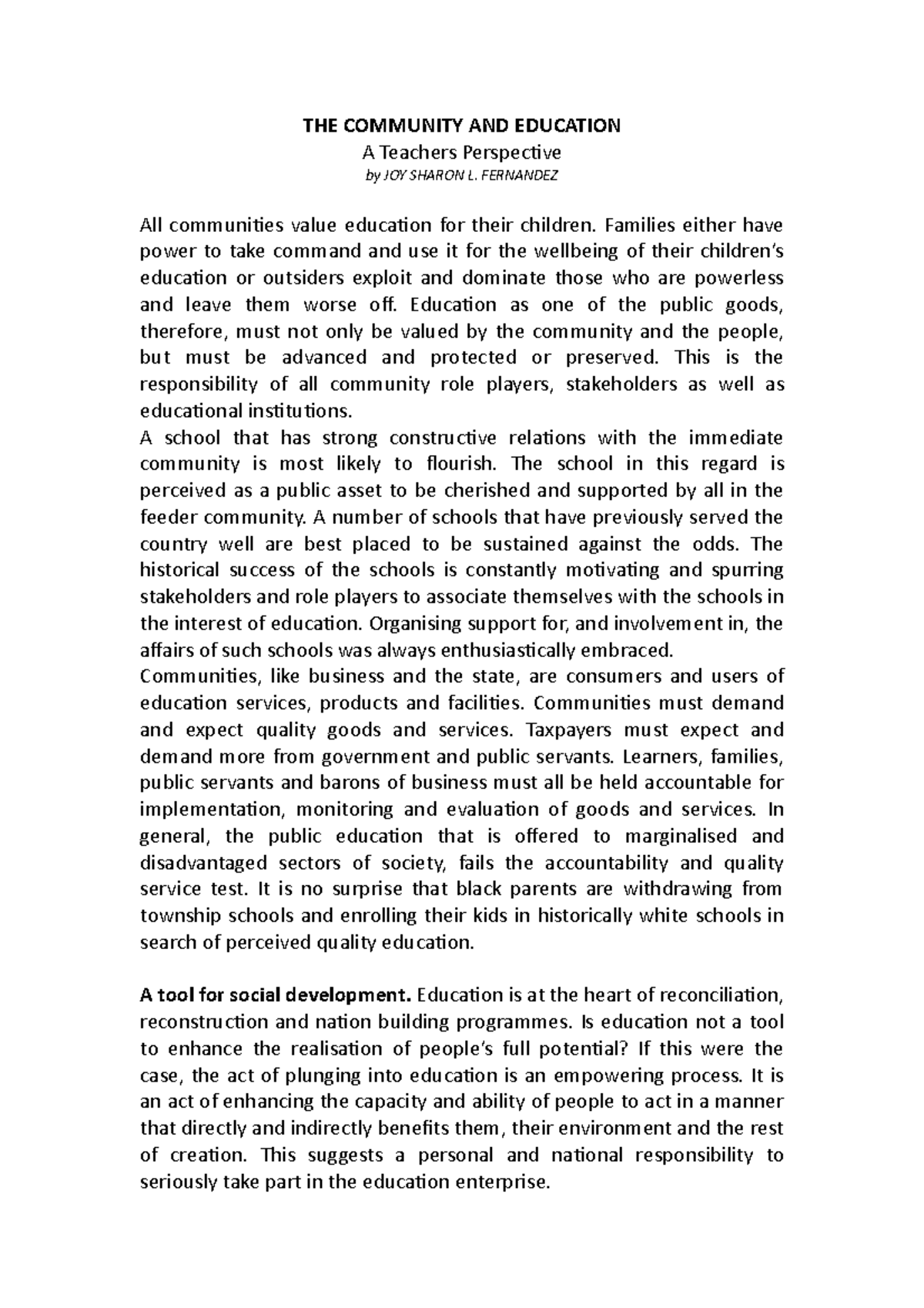 THE Community AND Educationreflection paper - THE COMMUNITY AND ...