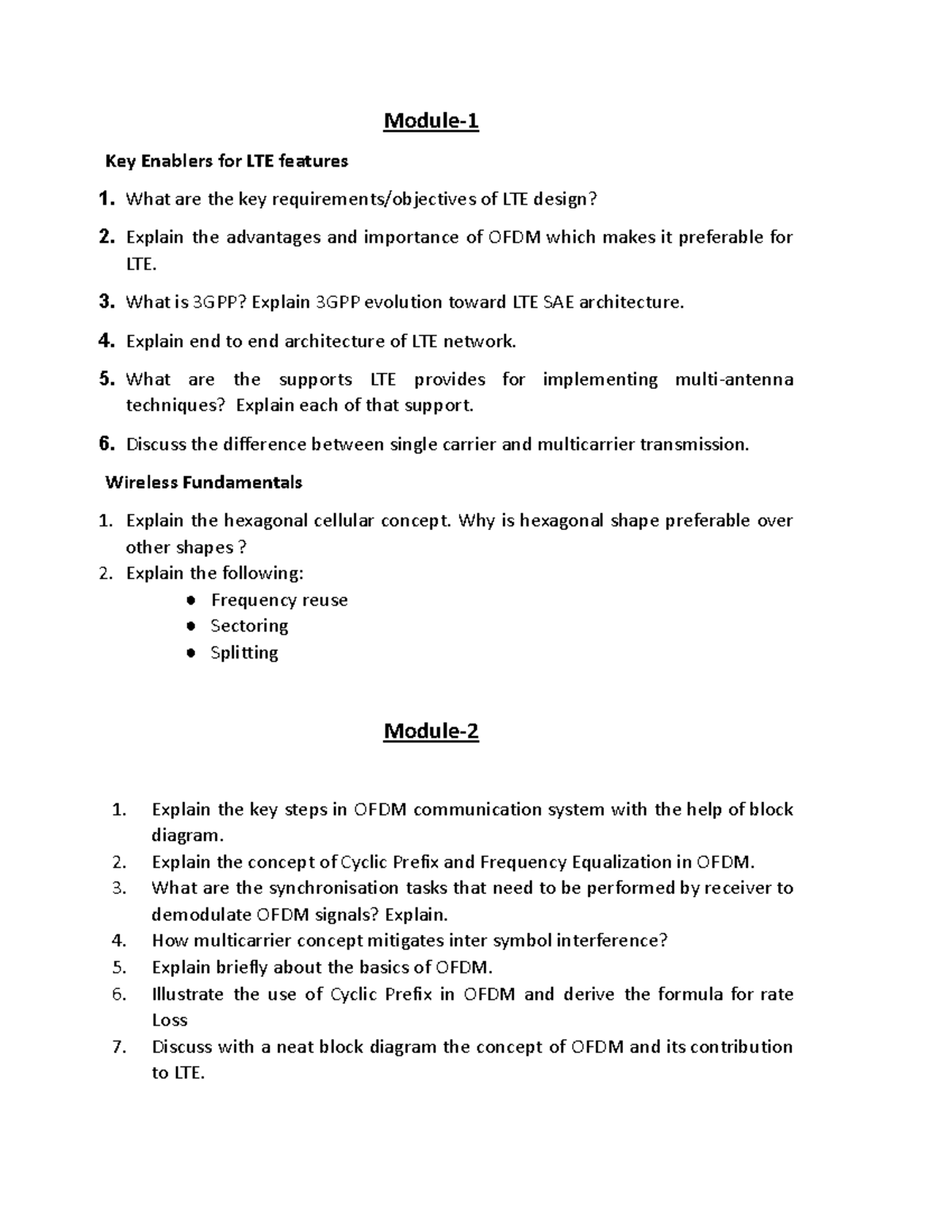 Lte Module-Wise Questions - Module- Key Enablers for LTE features 1 ...