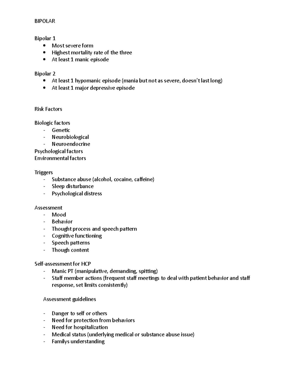 Bipolar Lecture Notes for exam - Bipolar 1 Most severe form Highest ...