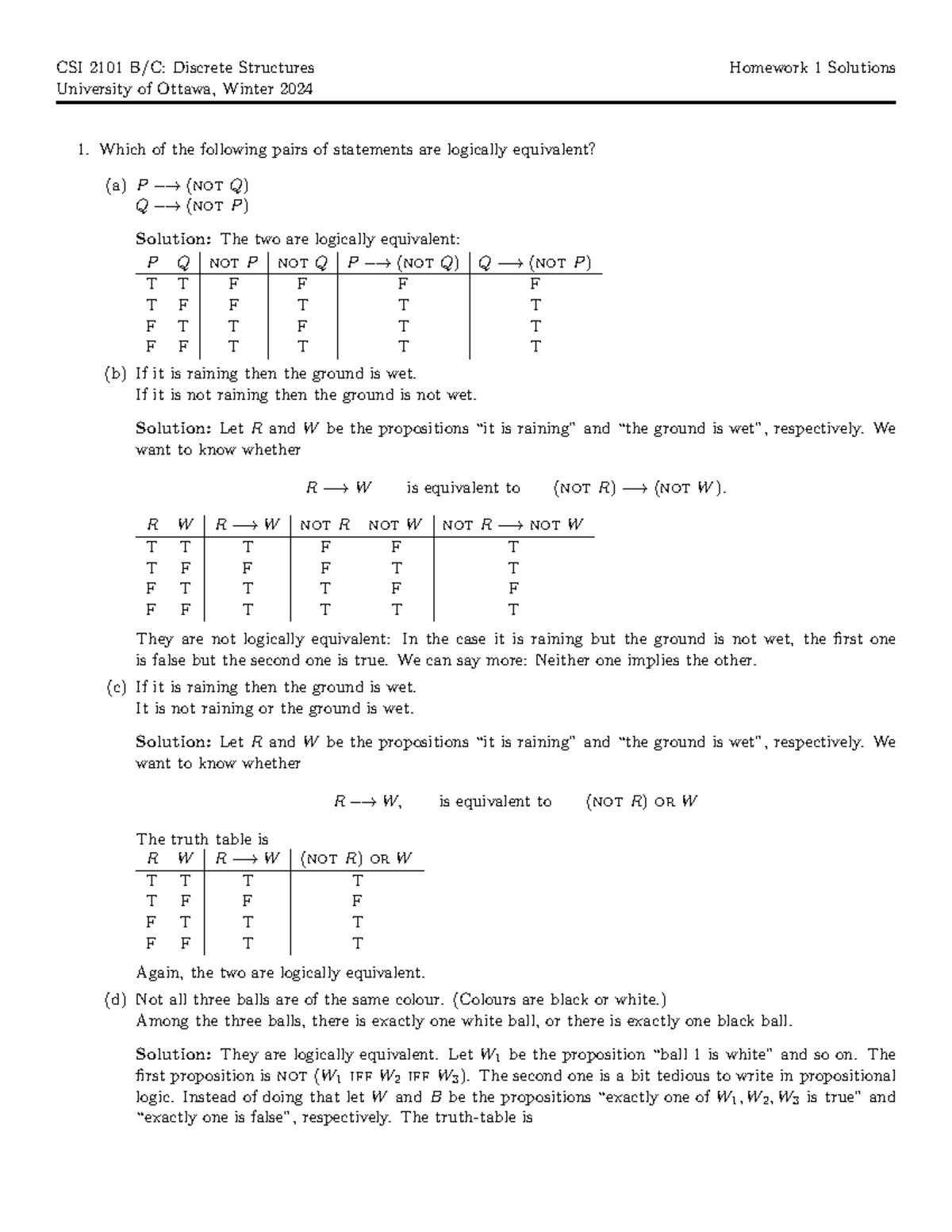 24s01 Homework 1 Solutions Csi 2101 B C Discrete Structures Homework 1 Solutions University