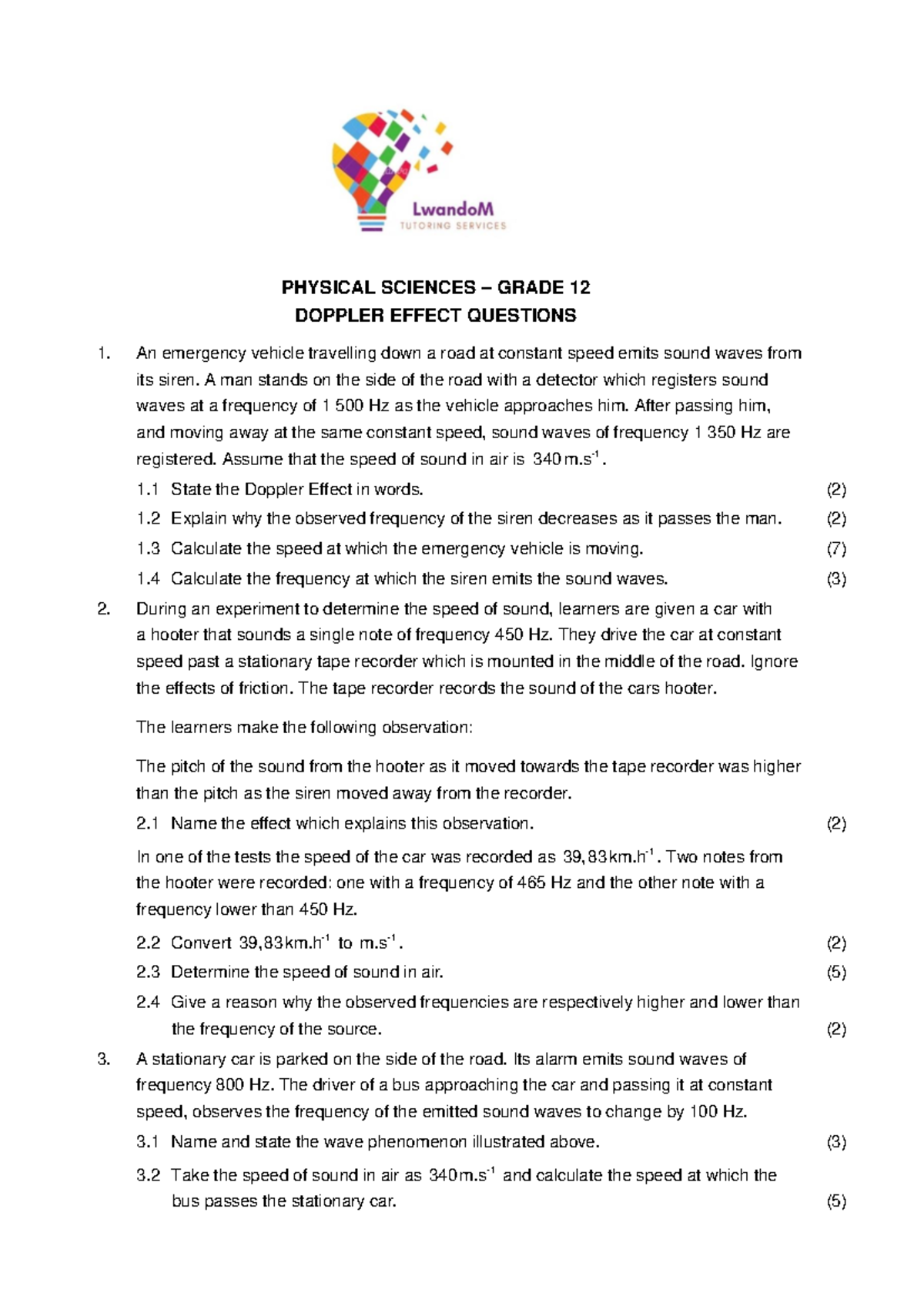 Doppler Effect Questions - PHYSICAL SCIENCES – GRADE 12 DOPPLER EFFECT ...
